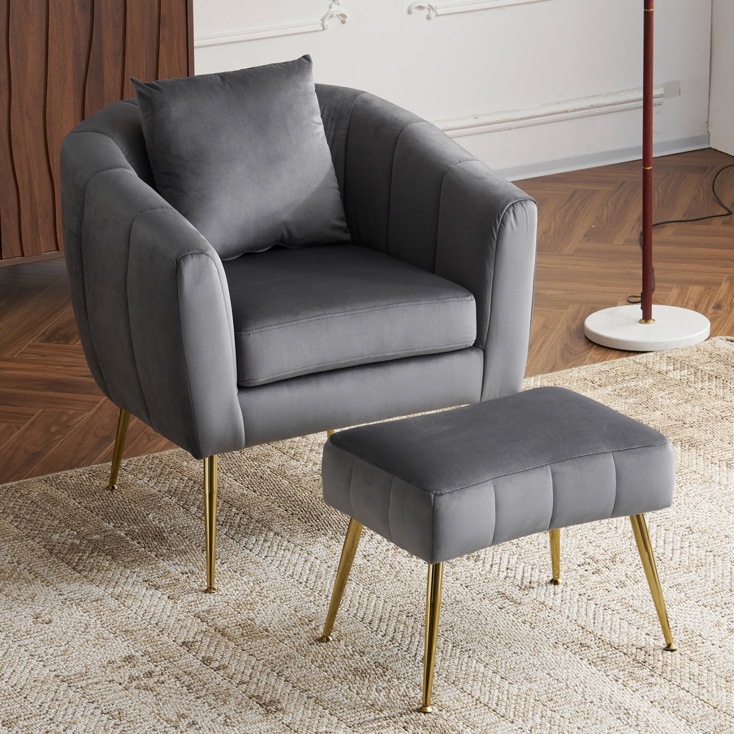 Velvet Accent Chair with Ottoman, Upholstered Barrel Chair Club Chair ...