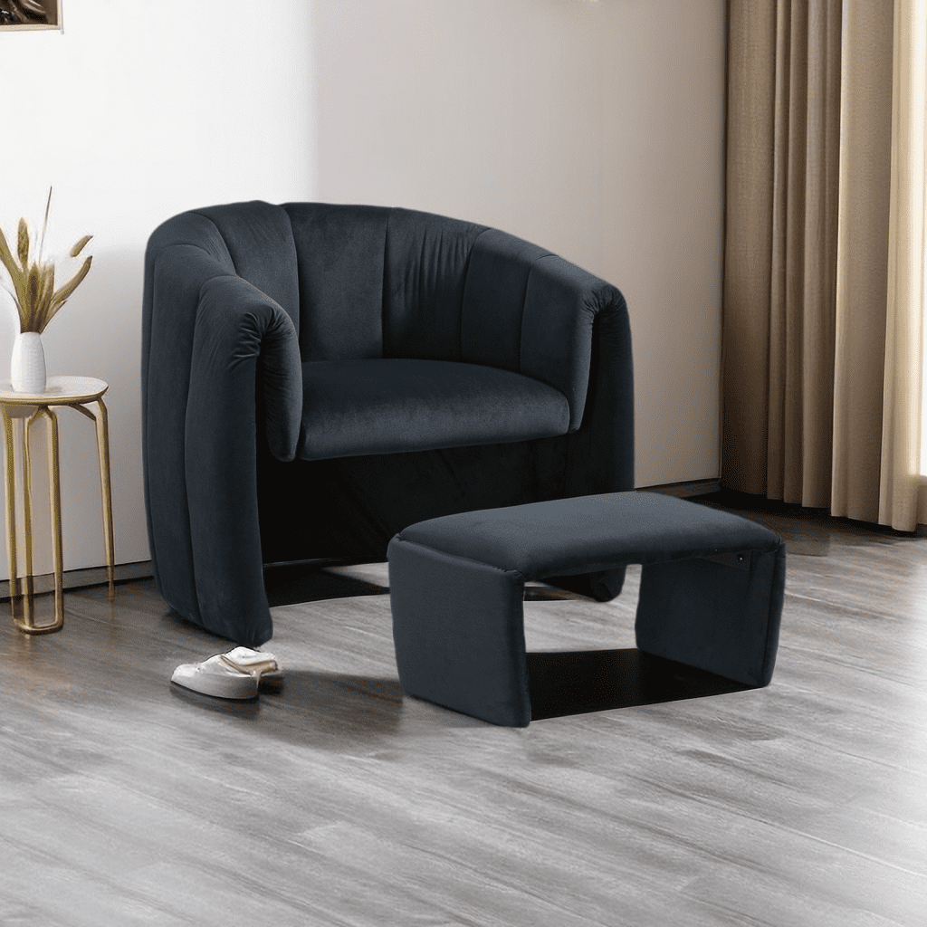 Velvet Accent Chair with Ottoman Upholstered Round Barrel Club Chair ...