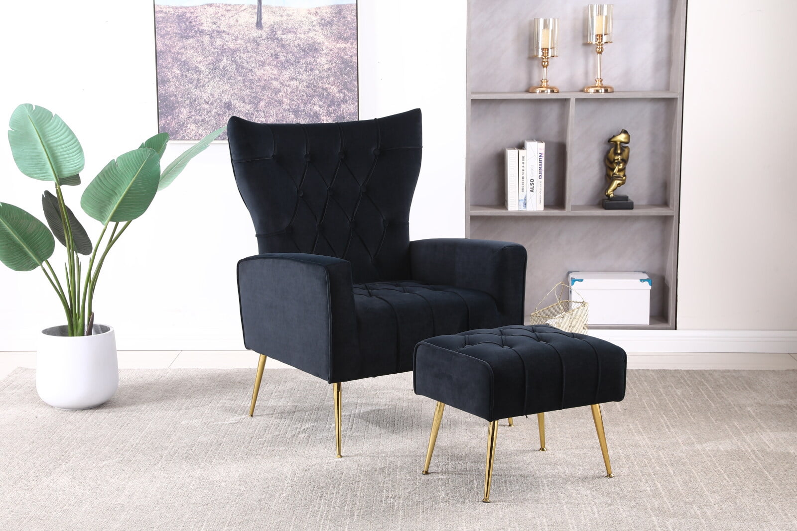 Velvet Accent Chair with Ottoman Wingback Chair with Footstool Upholstered Button Tufted Sofa Chair with Metal Legs Leisure Reading Armchair for
