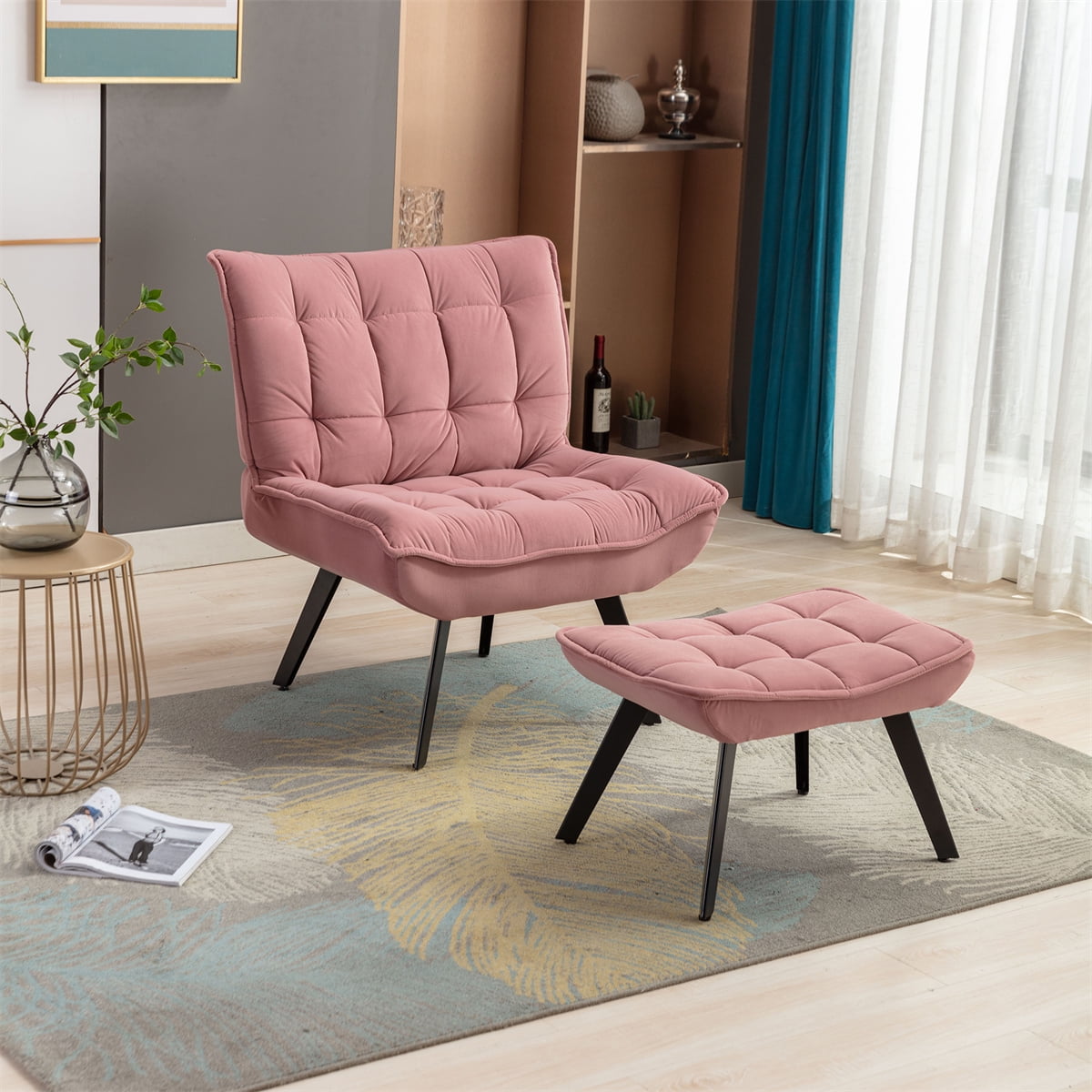 Velvet Accent Chair, Soft Fabric Leisure Chair with Ottoman, Armless ...