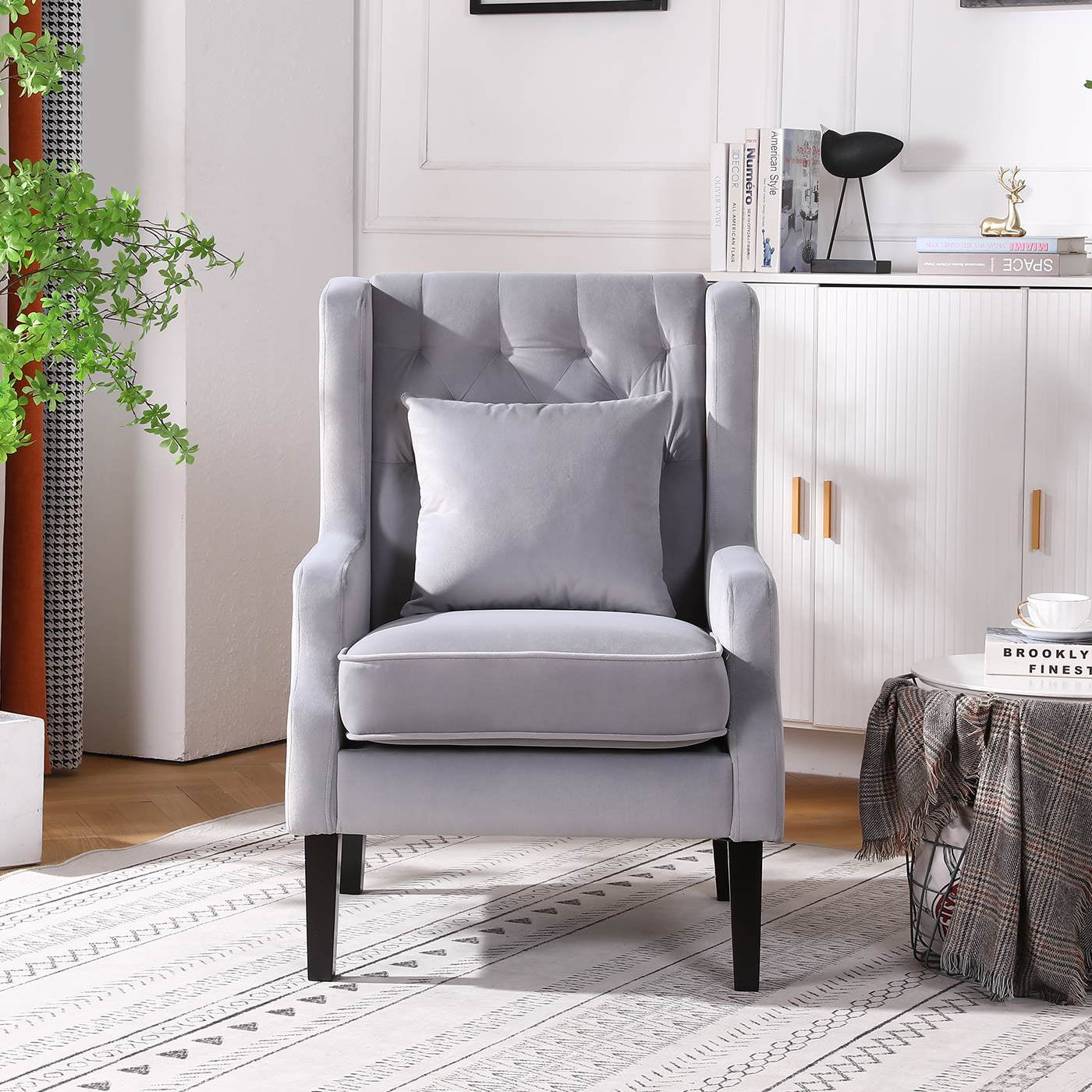 Velvet Accent Chair, Upholstered Armchair with Tufted Wingback, Single ...