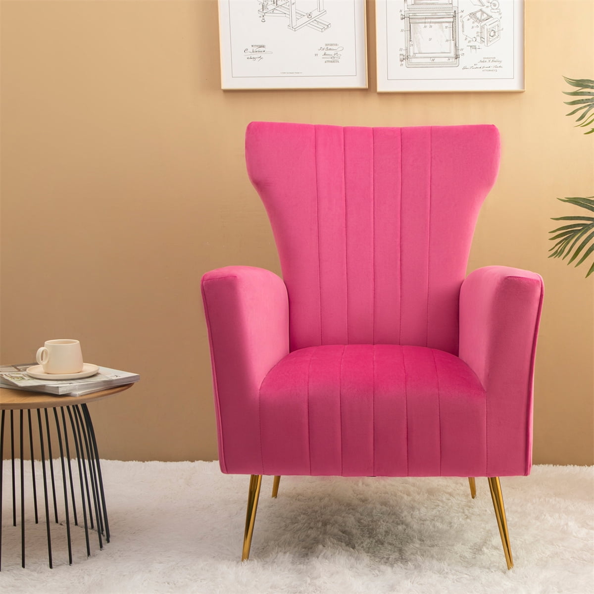 Velvet Accent Chair with Tufted Back, Wingback Armchair with Gold Metal ...