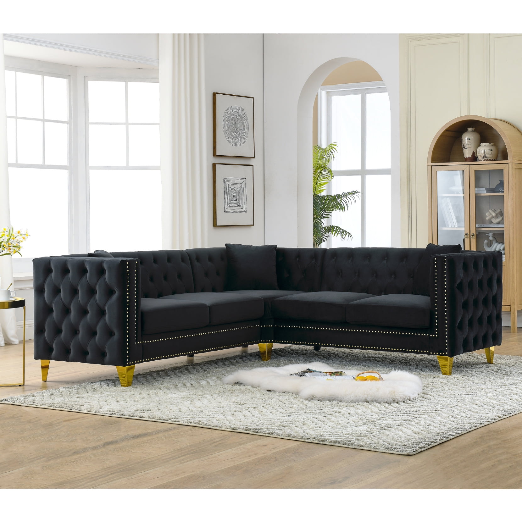 Black Velvet Large Sofa, 82.2" L-Shaped, Nailhead Trim, 5-Seater for ...
