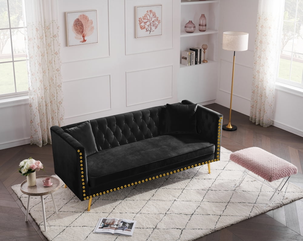 Velvet Accent Sofa, 77.2" inch Wide Modern Flat Armrest Living Room ...