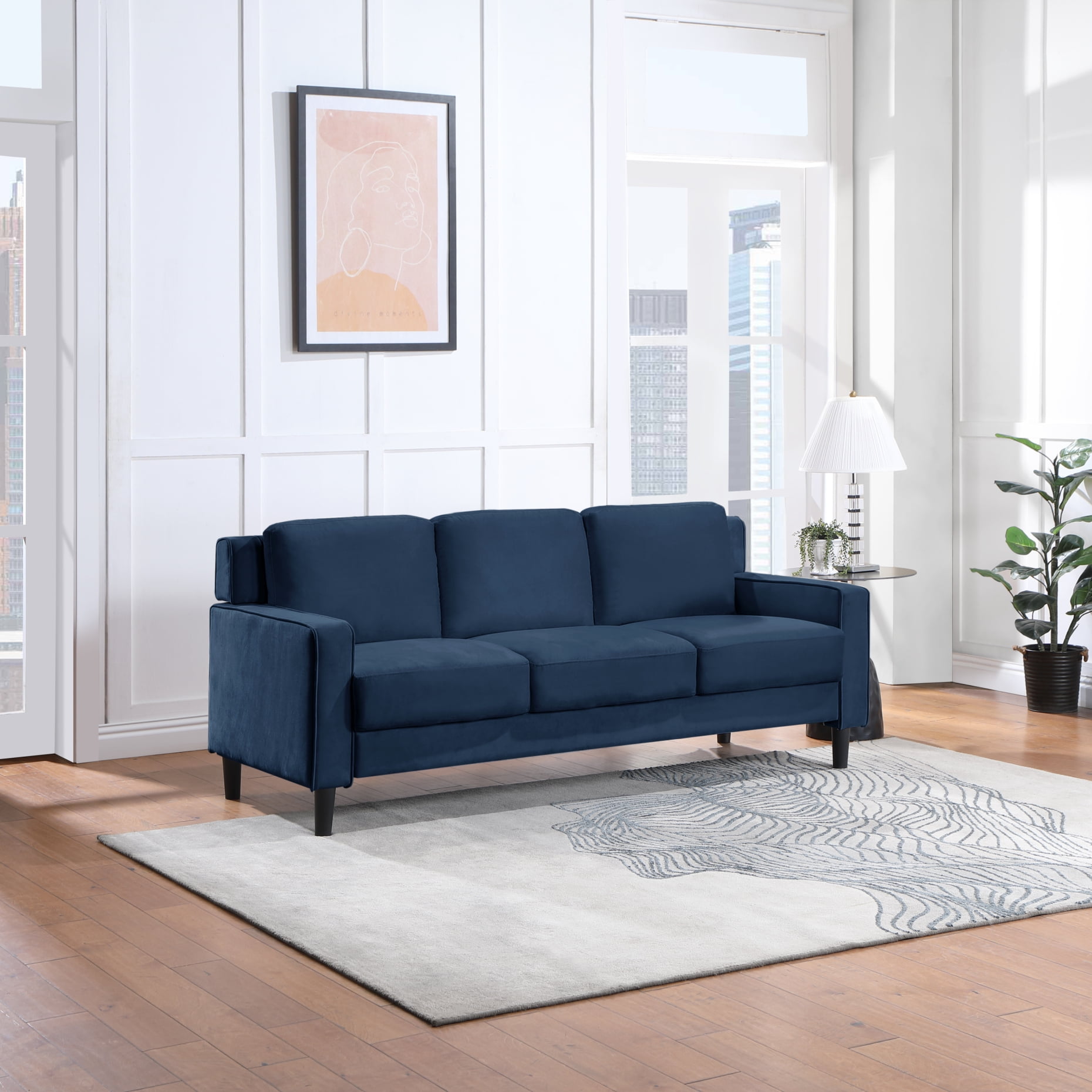 Velvet Accent Sofa with Square Armrest, Mid-Century Modern 3-Seater ...