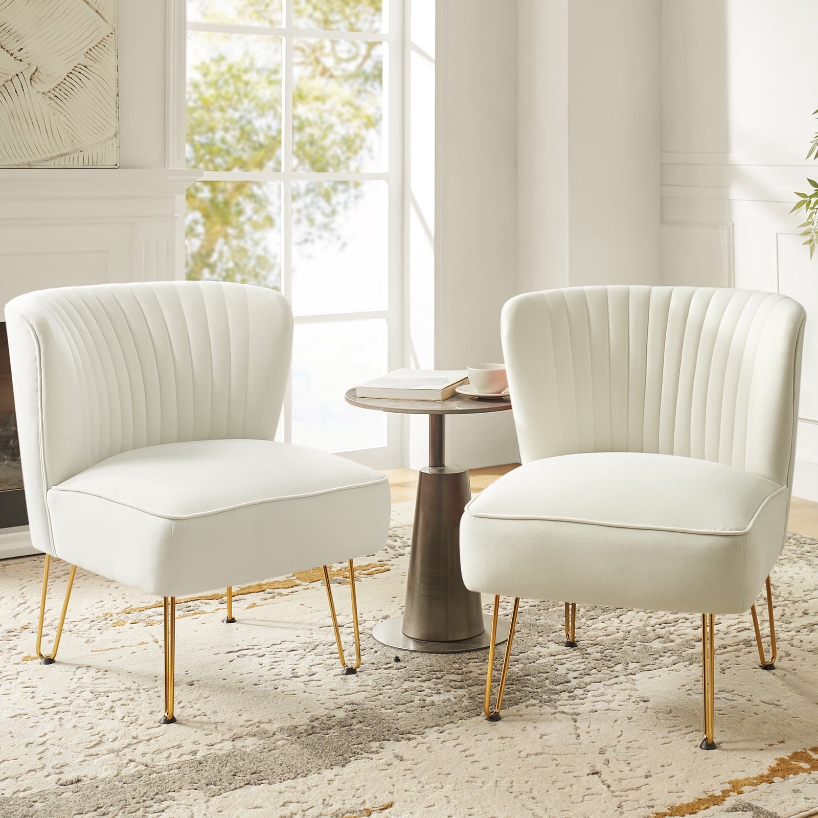 Velvet Armless Accent Chair Set of 2 Gold Metal Legs Modern Upholstered ...