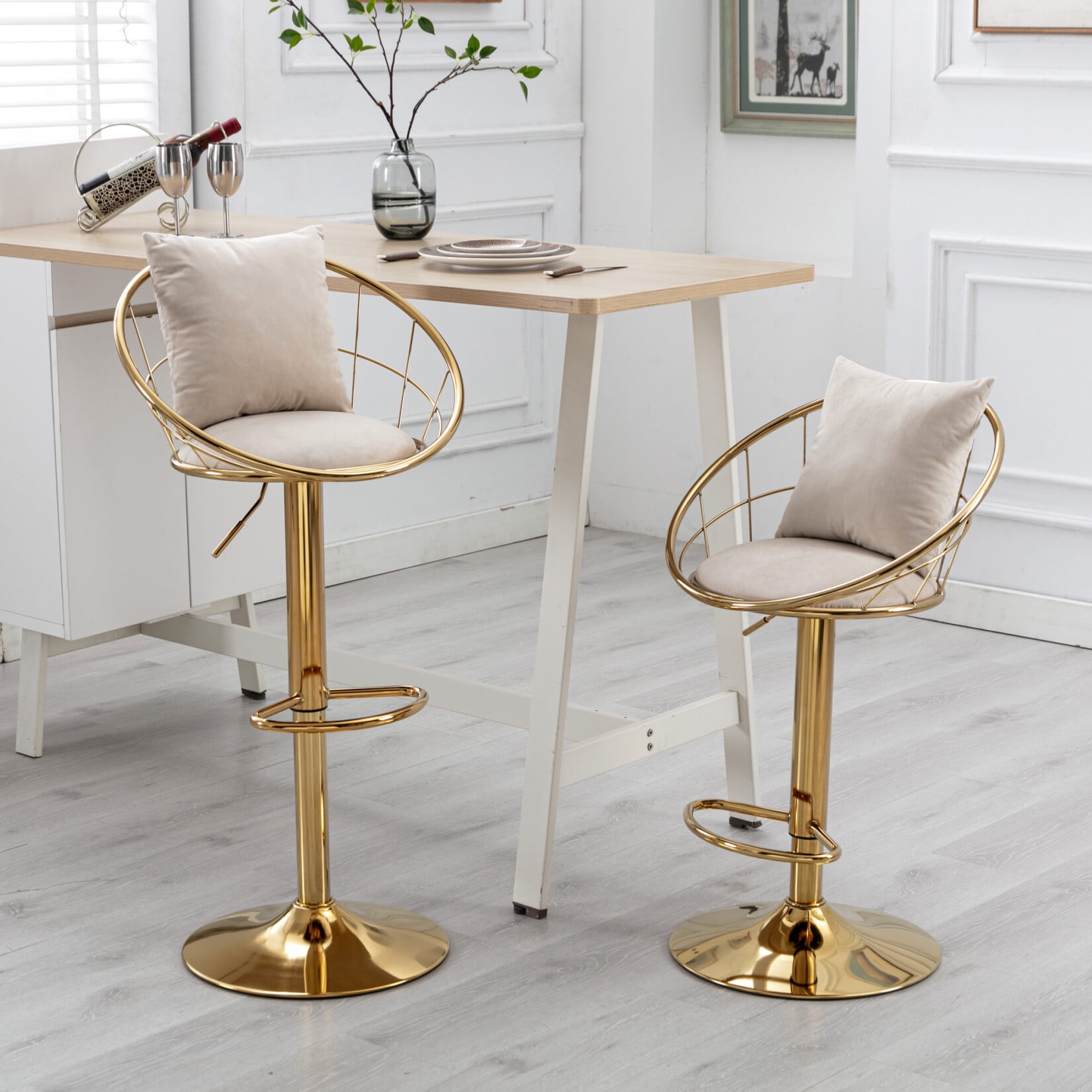 Velvet Bar Chair Set of 2, 360 Degree Rotatable Chair with Gold Plated ...