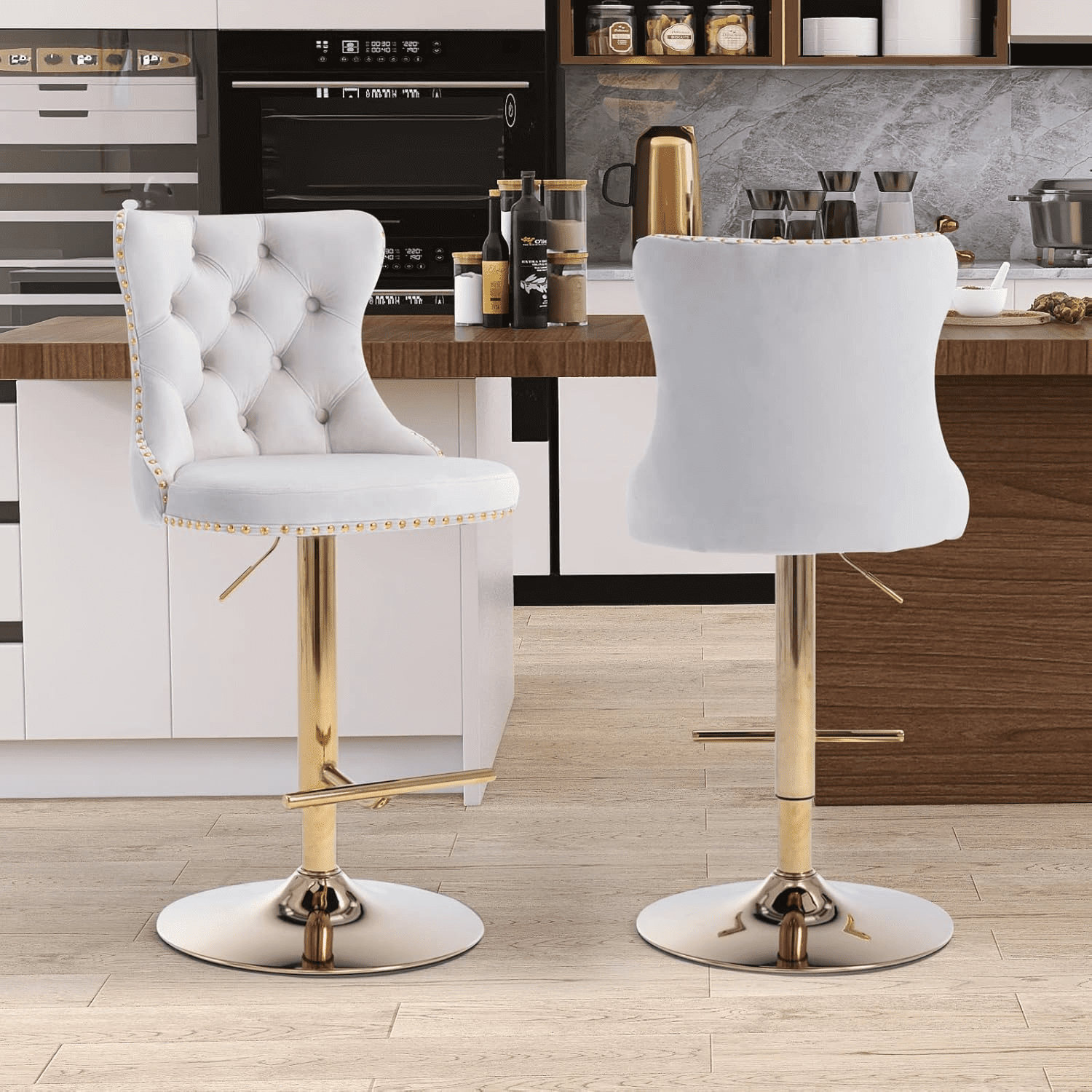 Velvet Bar Stool Adjustable Swivel Bar Stools with Black Metal Leg ...