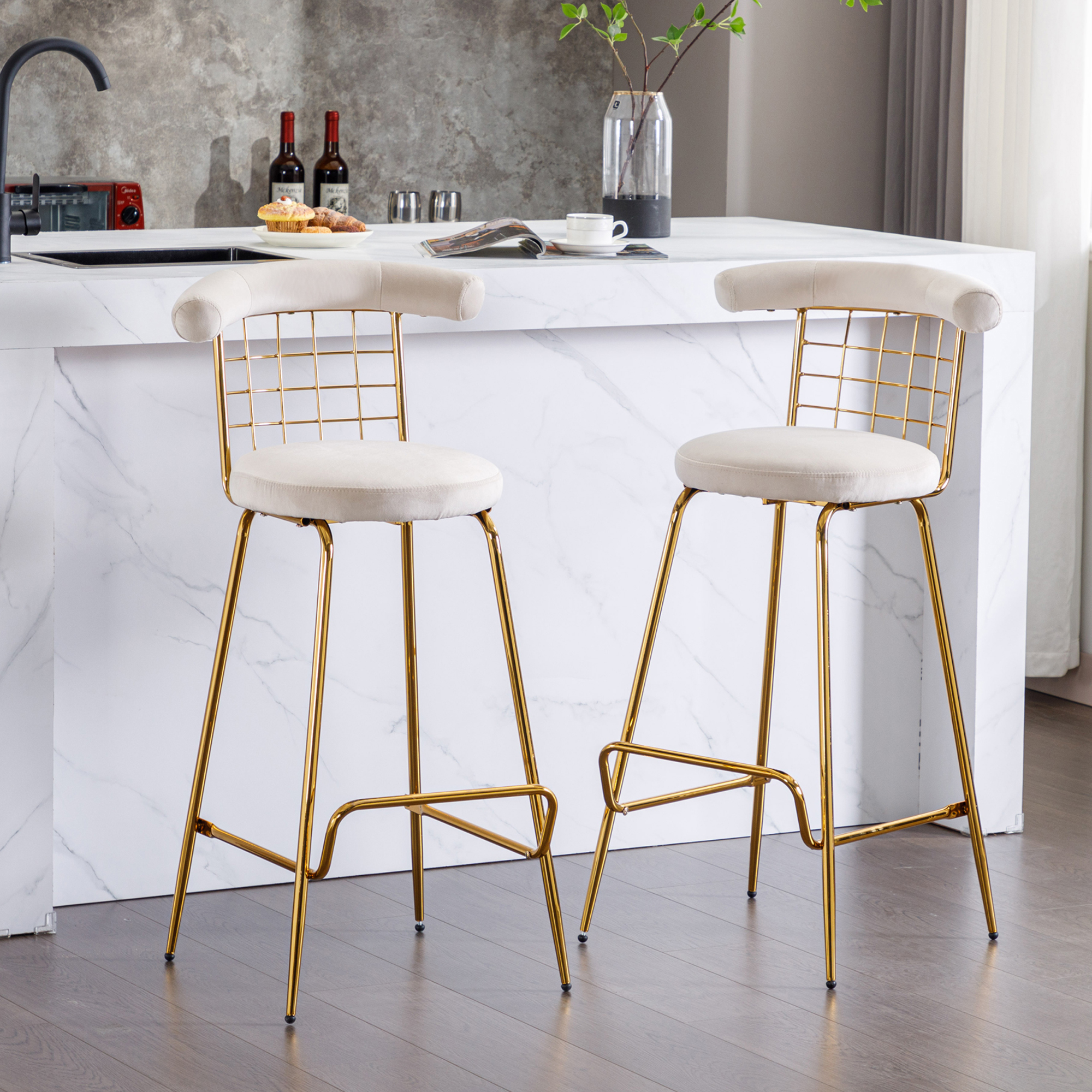 Velvet Bar Stool Set of 2, Modern Upholstered Counter Height Bar Stools ...
