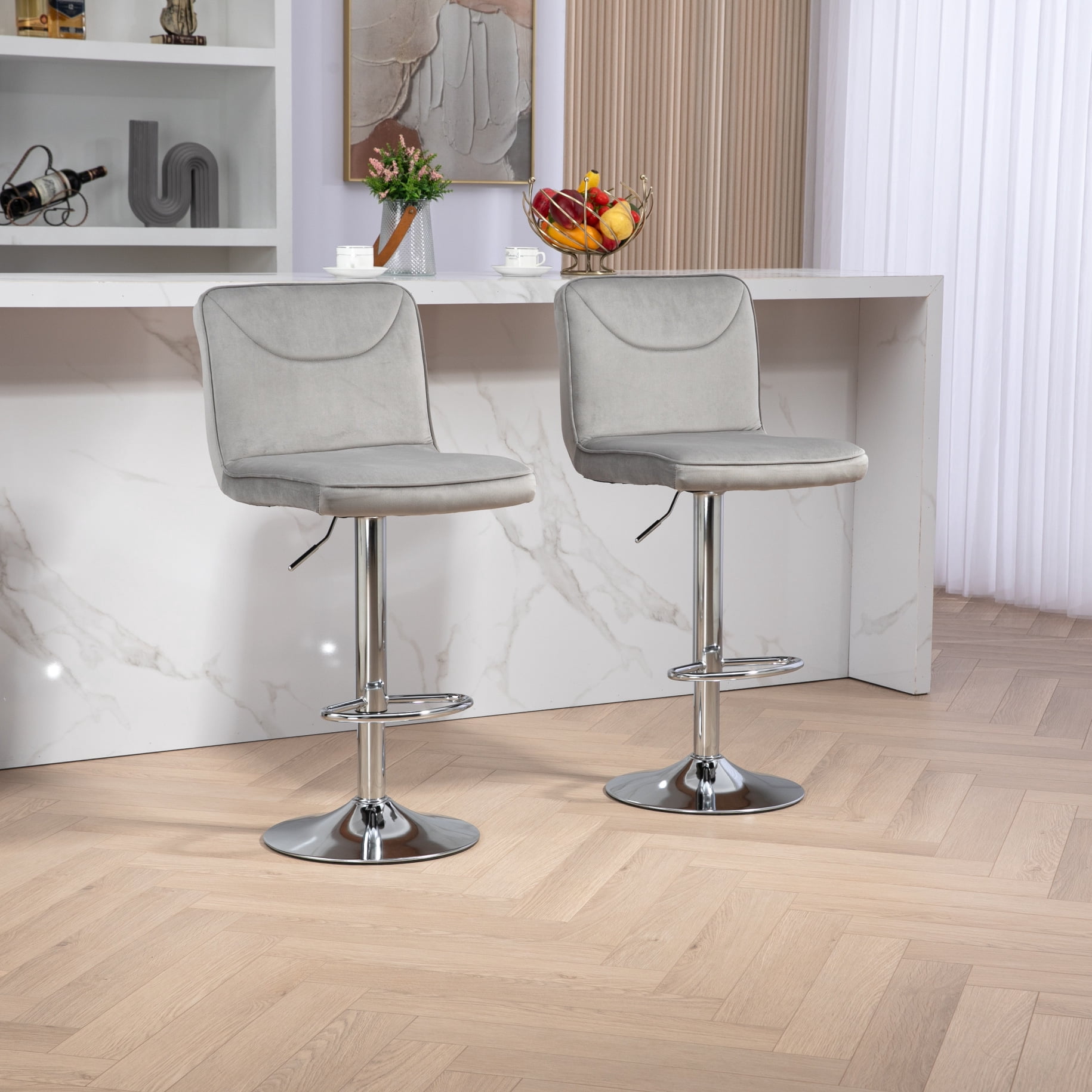 Velvet Bar Stool Set of 2, Adjustable Height Upholstered Armless ...