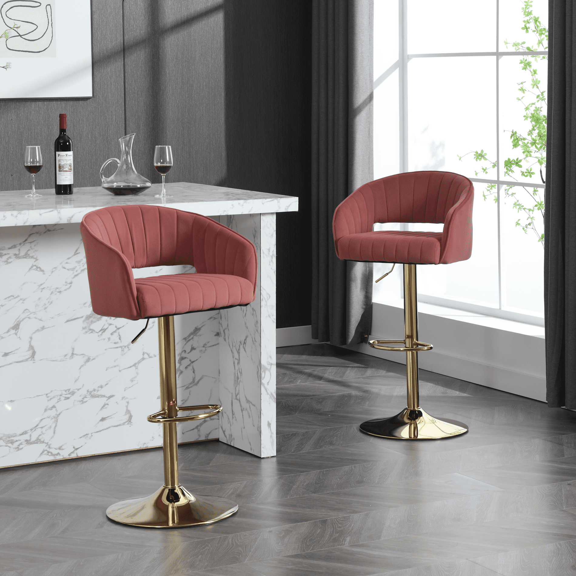Velvet Bar Stool with Adjustable Height, Hollow Back Design and Gold ...