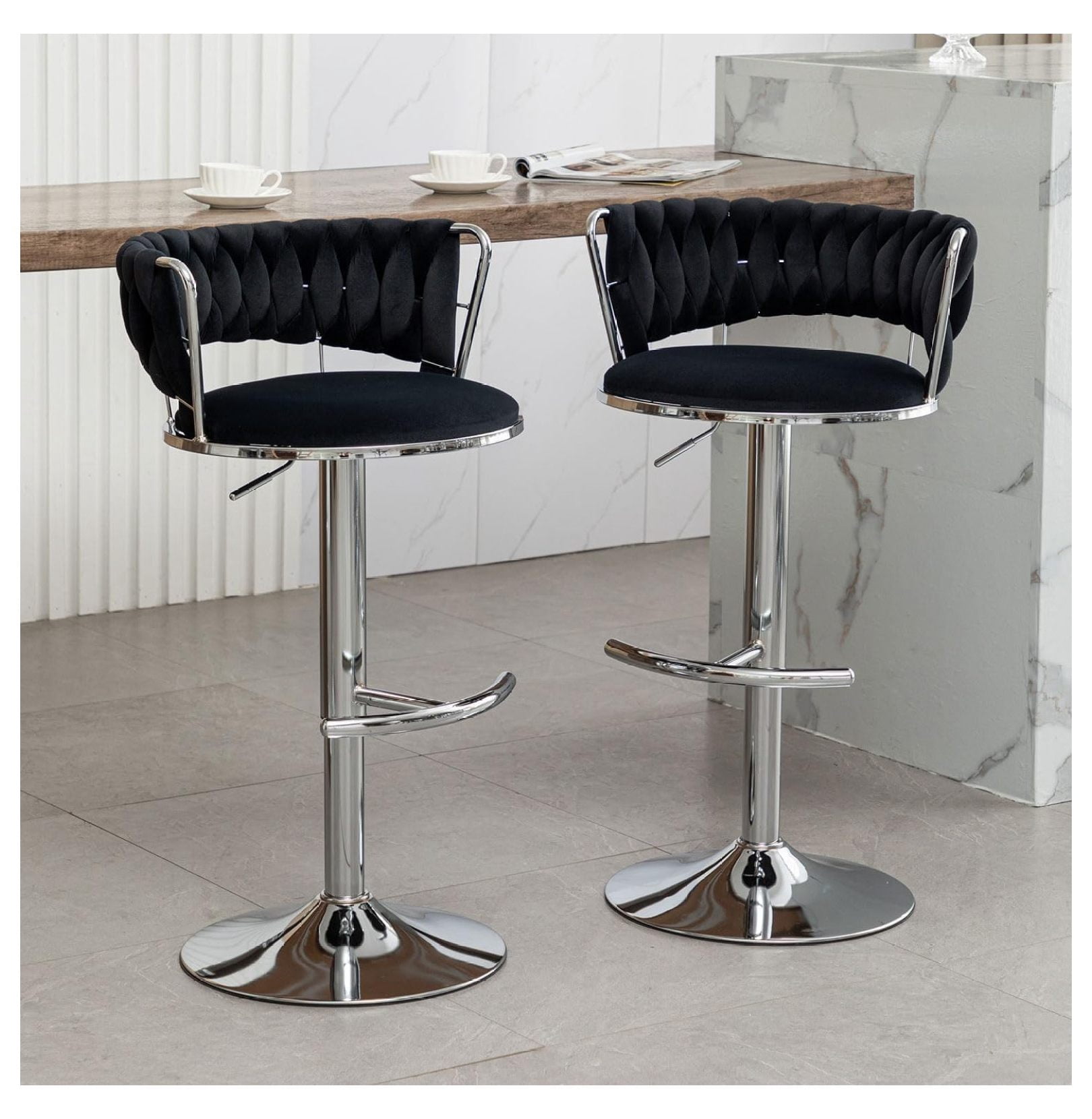 Velvet Bar Stools Set of 2, Counter Height Bar Stools with Low Back ...