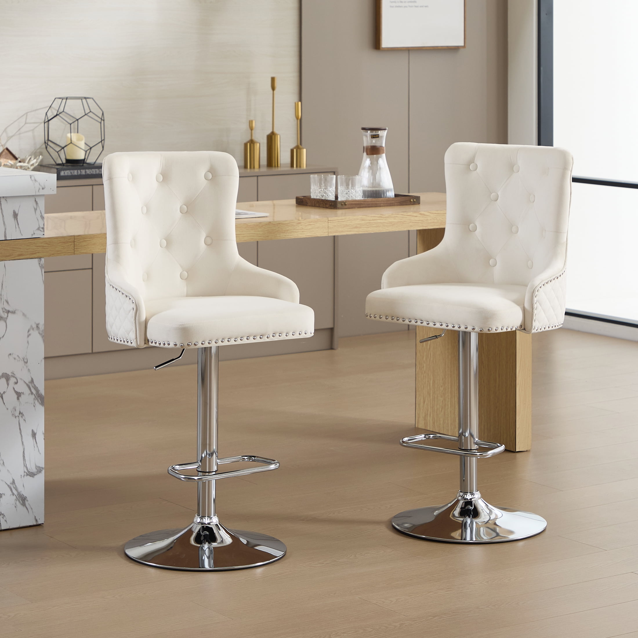 Velvet Bar Stools Set of 2 Modern Counter Height Bar Stools with Lion ...