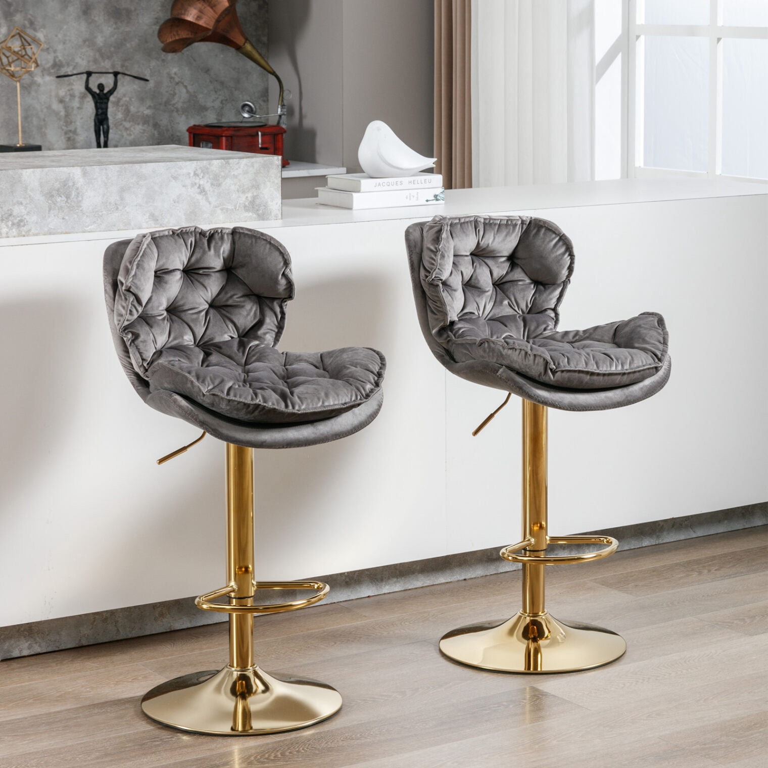 Velvet Bar Stools Set of 2, Shell Shaped Barstools with Upholstered ...