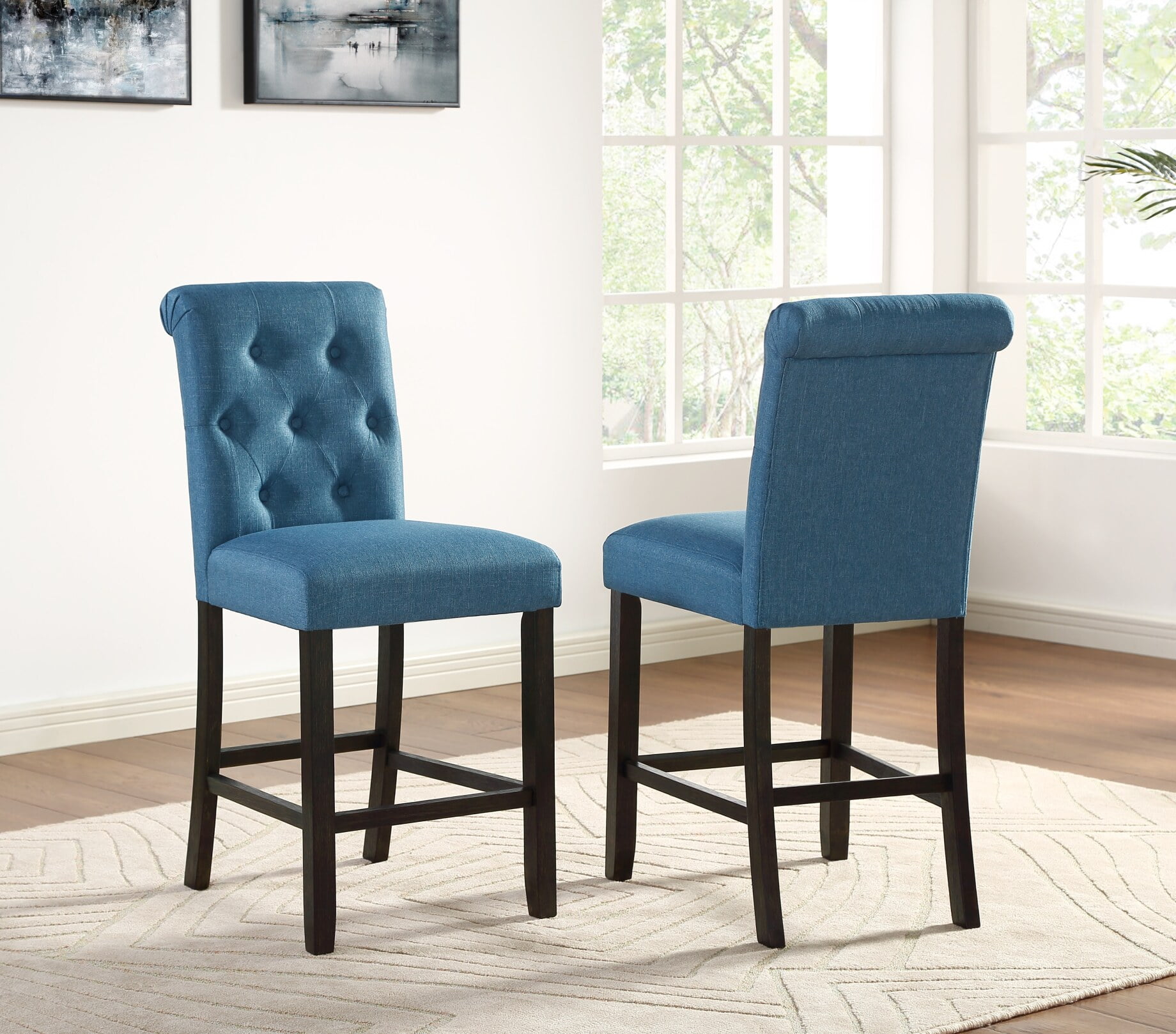 Velvet Bar Stools Set of 2, Solid Wood Tufted Counter Height Stool with ...
