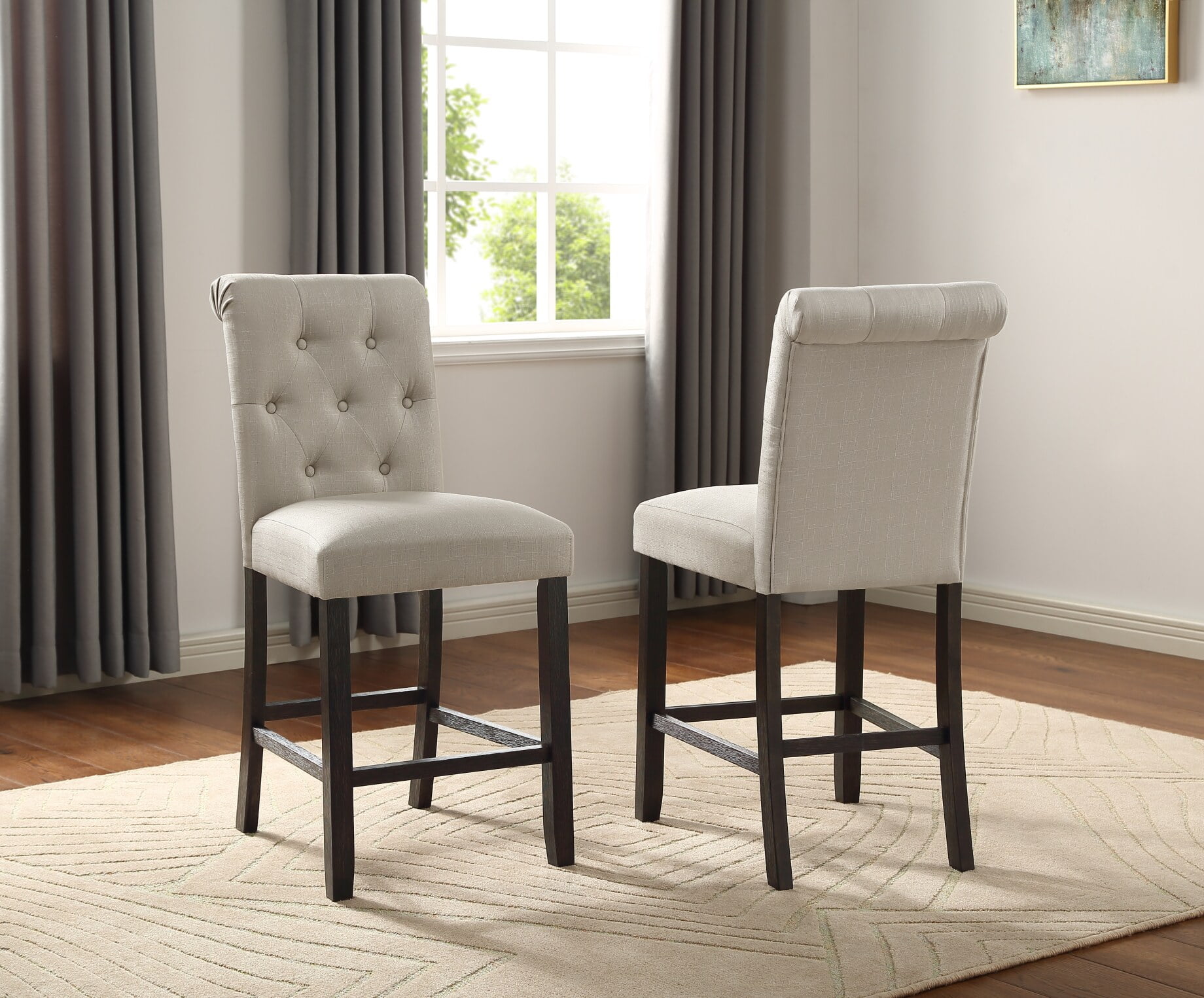 Velvet Bar Stools Set of 2, Solid Wood Tufted Counter Height Stool with ...