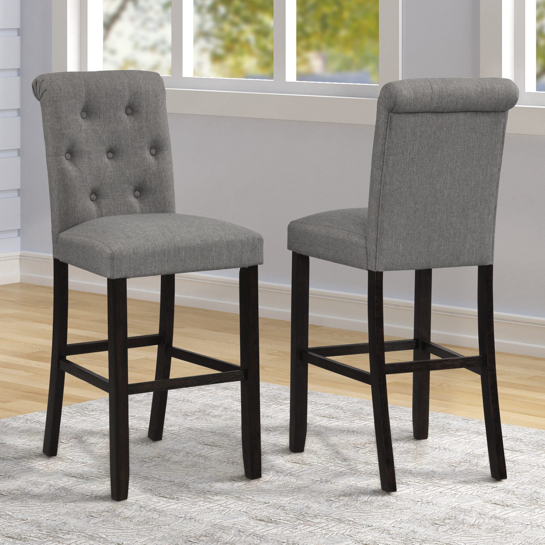 Velvet Bar Stools Set of 2, Solid Wood Tufted Counter Height Stool with ...