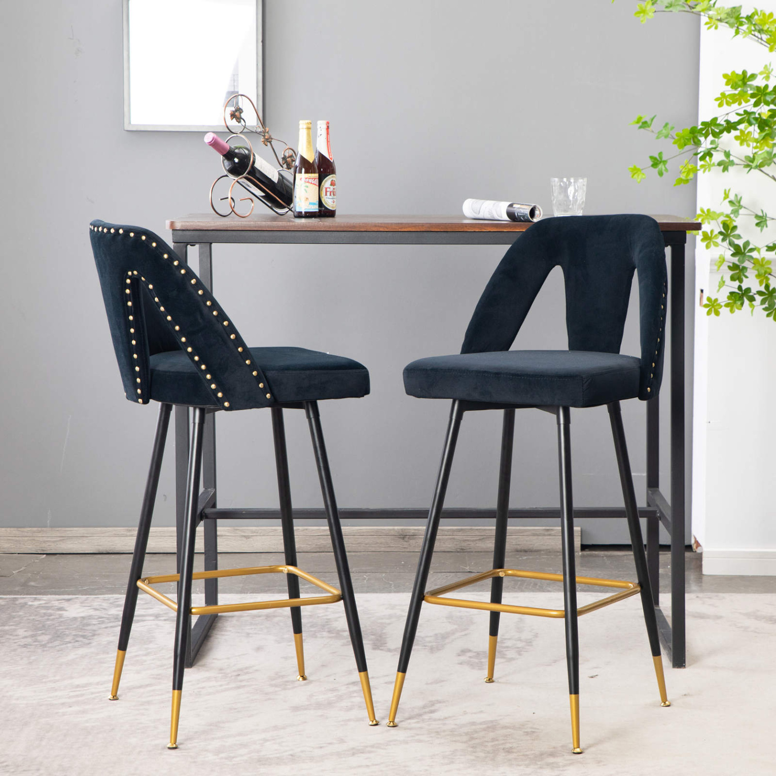 Velvet Bar Stools Set of 2, Upholstered Counter Height Barstools with ...