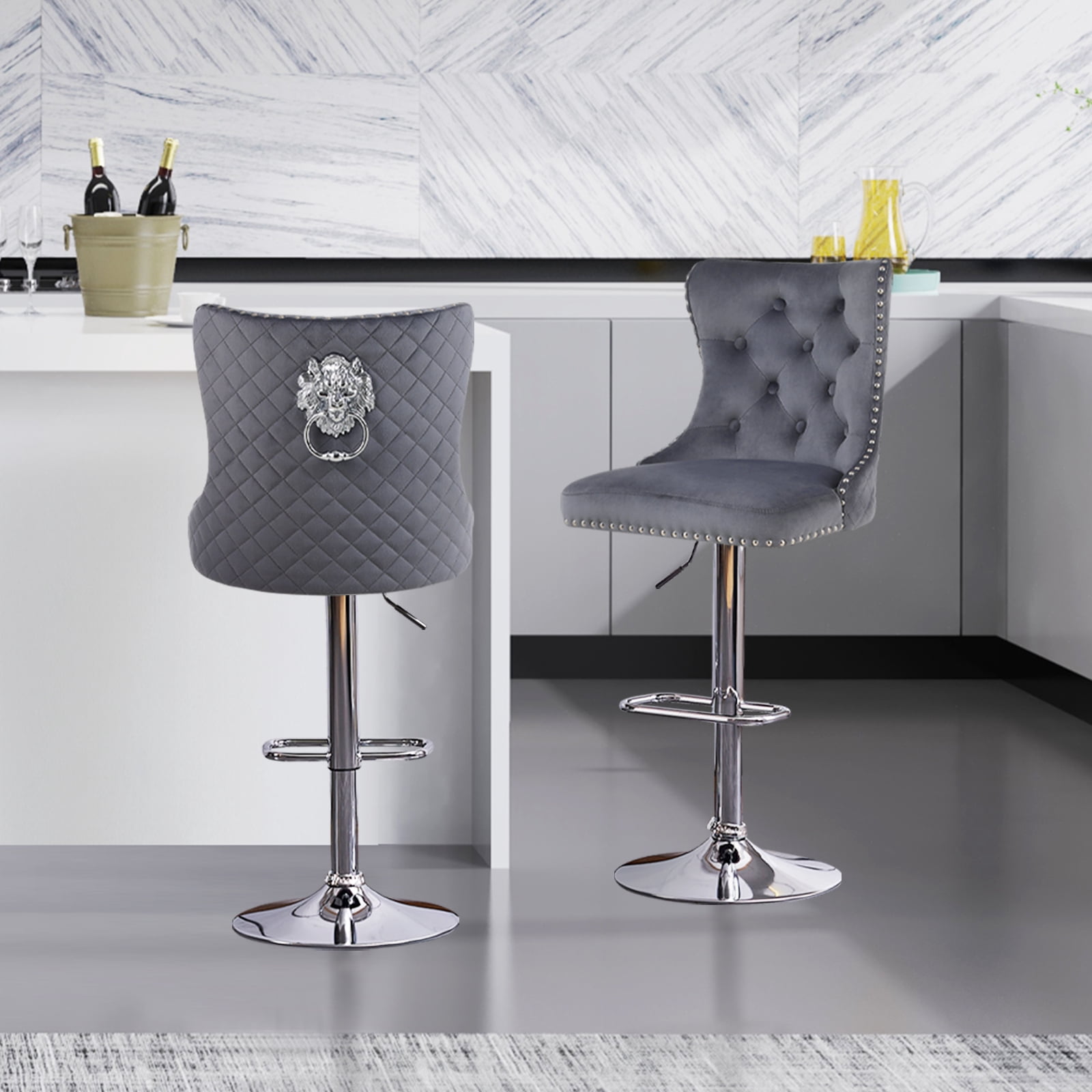 Velvet Bar Stools Set of 4 Modern Counter Height Bar Stools with Lion ...