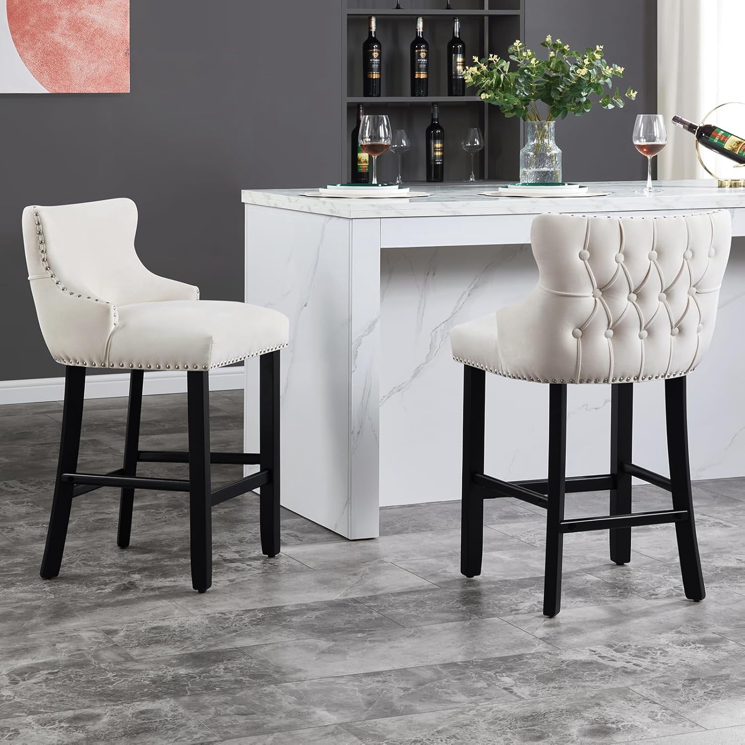 Velvet Bar Stools Tufted Counter Height with Back Upholstered Wooden ...
