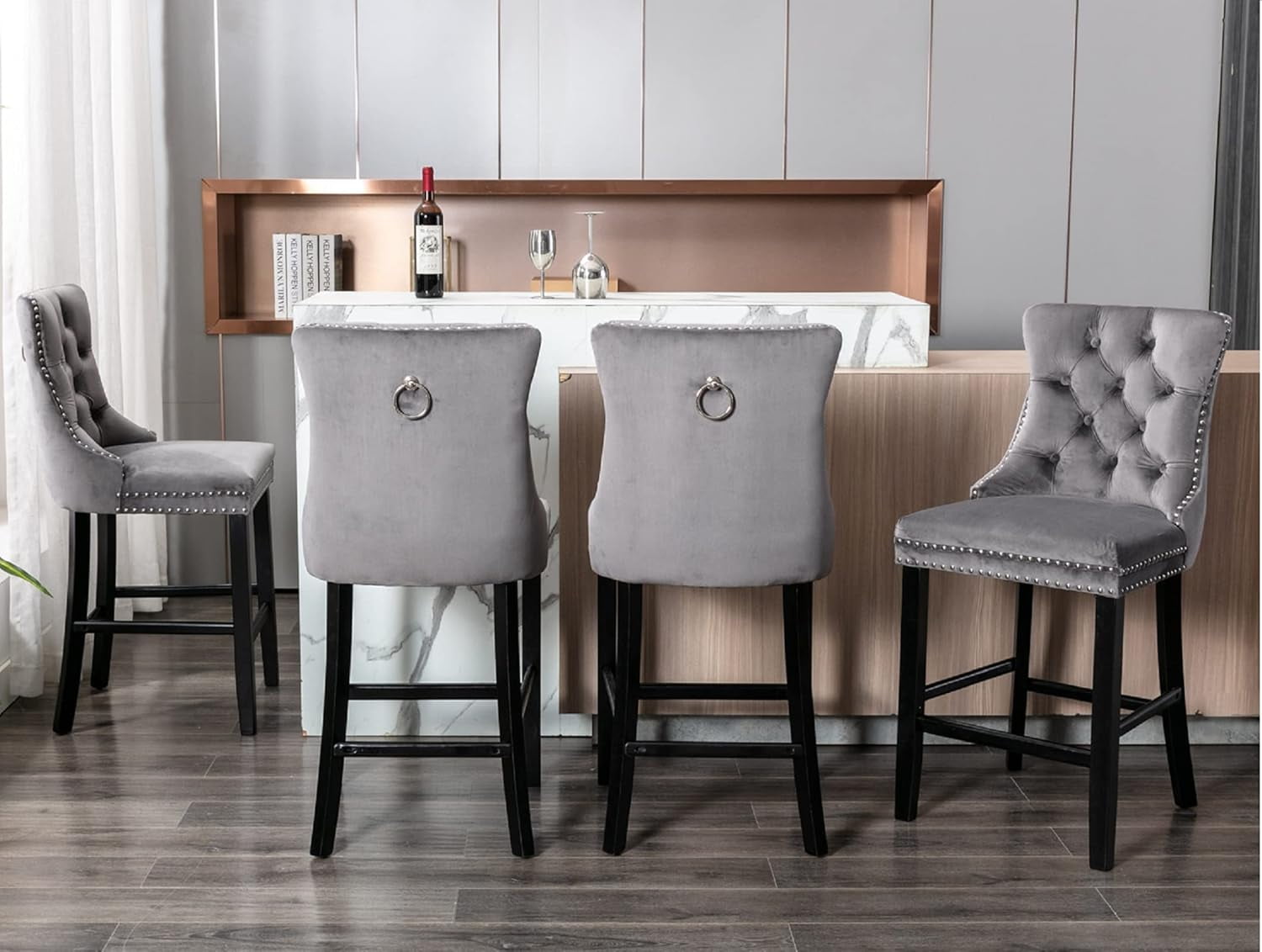 Velvet Bar Stools Upholstered Bar Chairs 27'' Seat Height with Button Tufted Solid Wood Legs ...