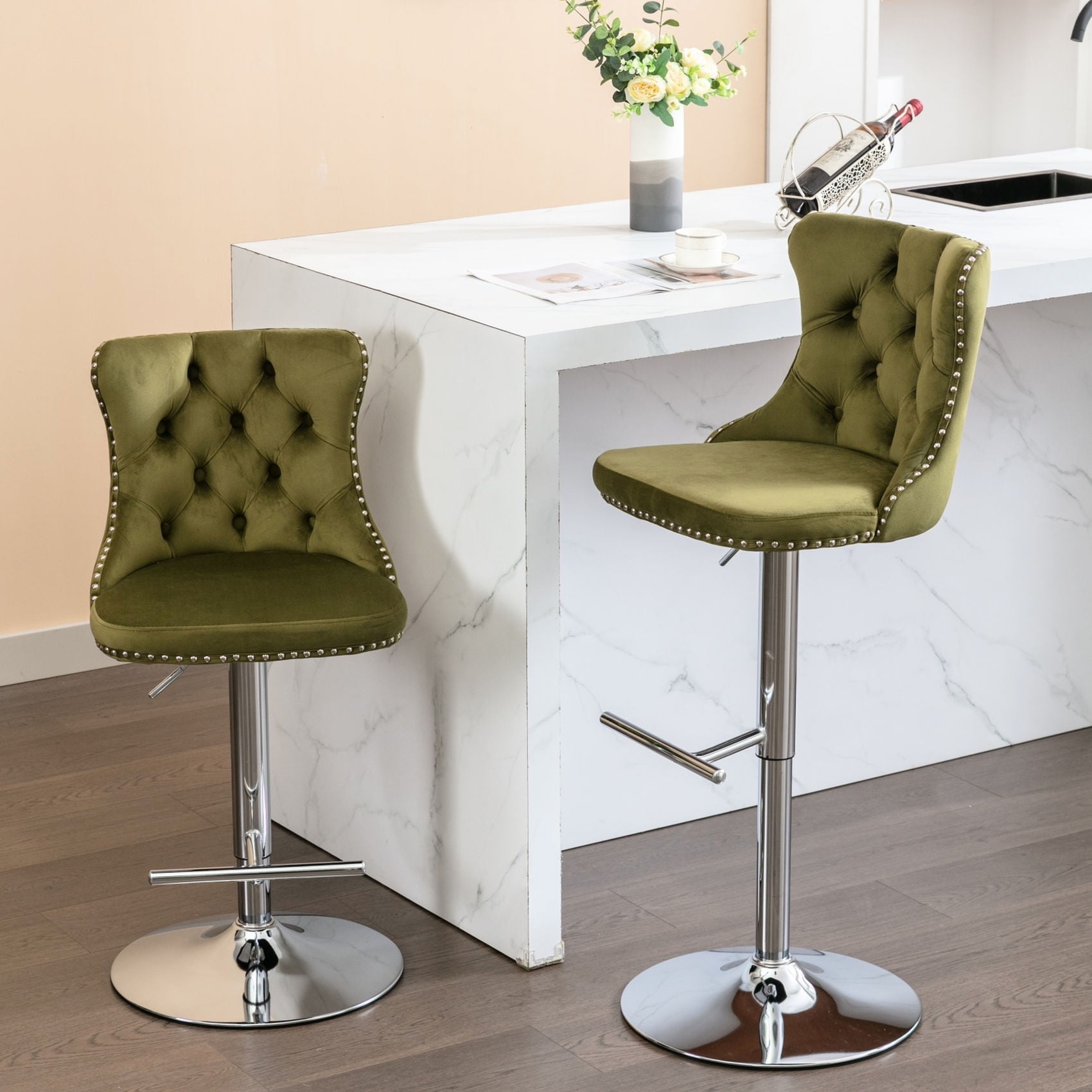 Velvet Bar Stools in Olive-Green, Seat Height 25-33 Inches | Hand ...