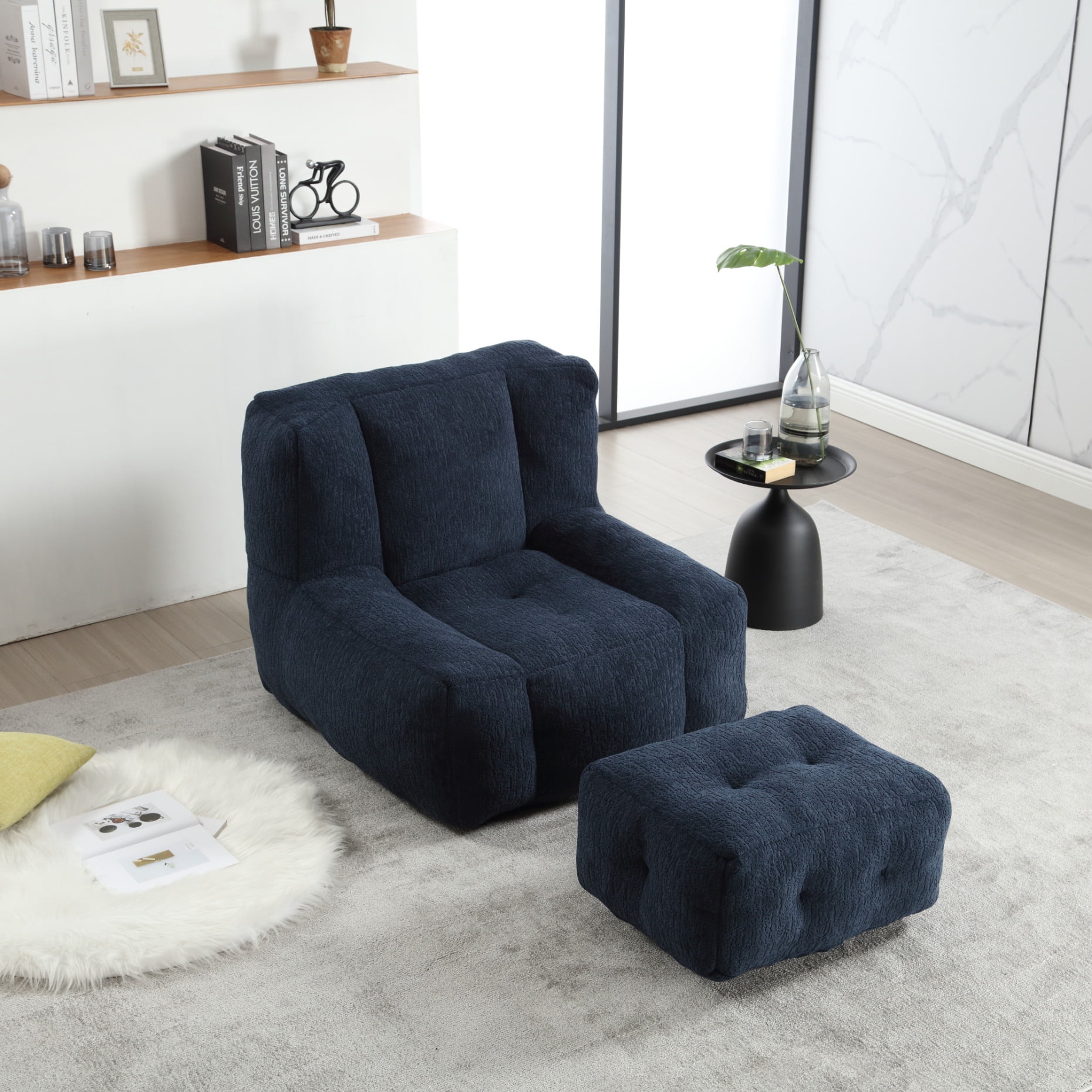 Velvet Bean Bag Chair with Memory Foam and Ottoman, Fluffy Sofa Chair ...
