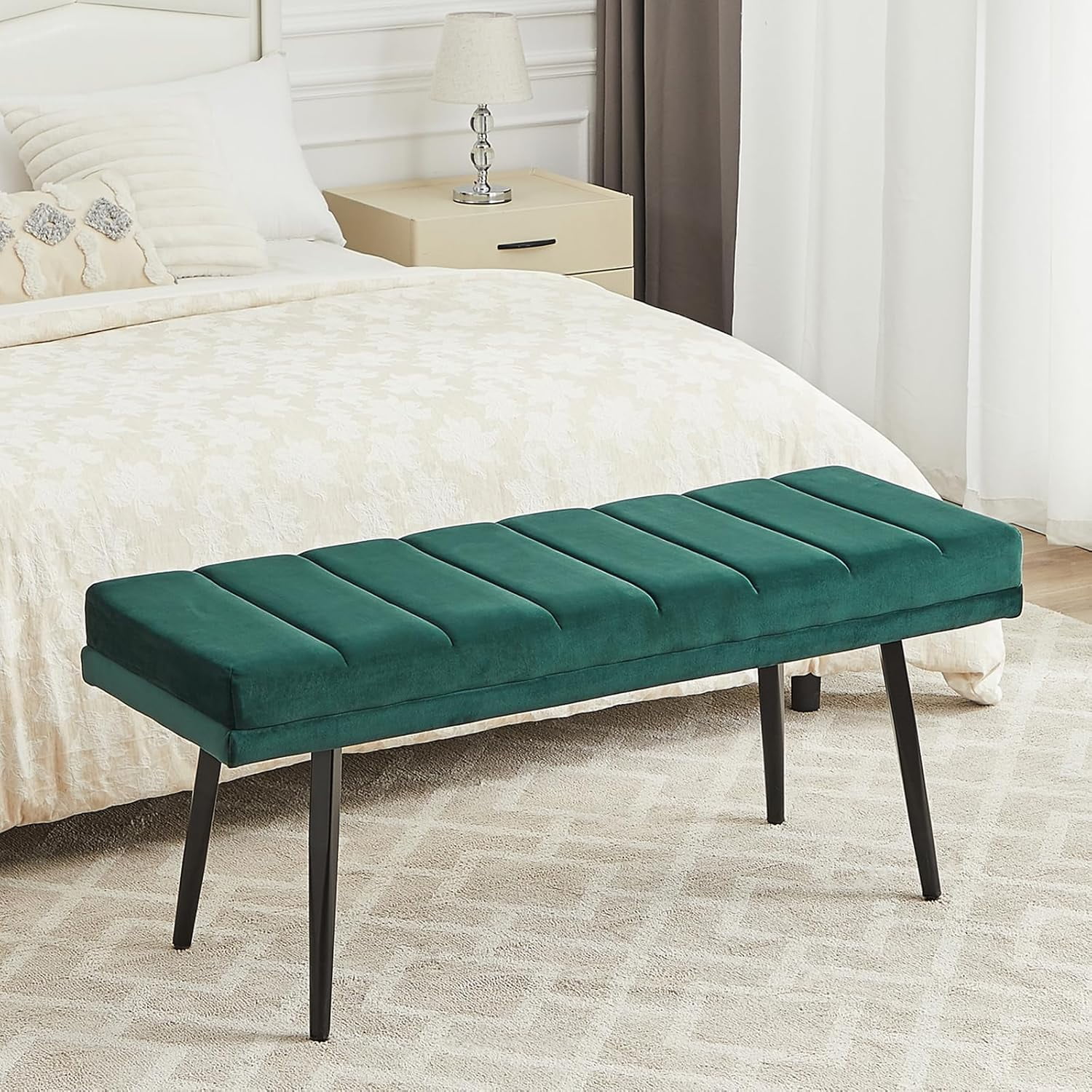 Velvet Bed Bench Modern Upholstered Entryway Bench with Black Metal ...