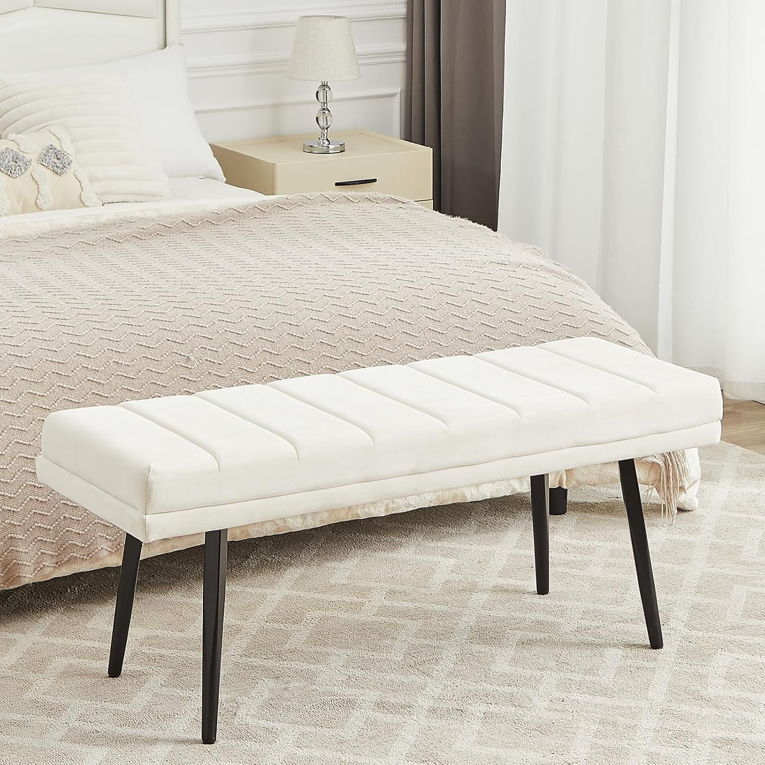 Velvet Bed Bench Modern Upholstered Entryway Bench with Black Metal ...