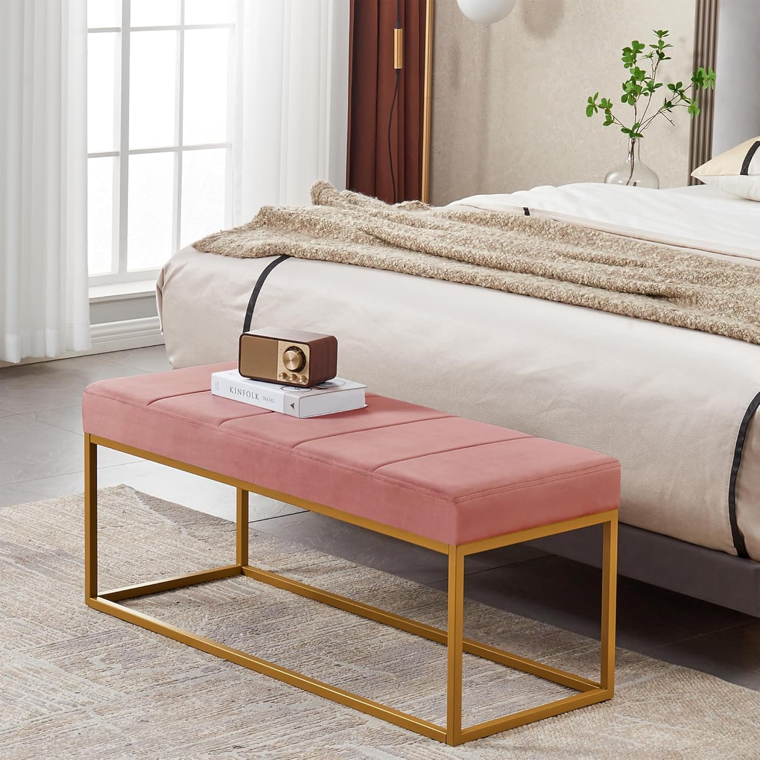 Velvet Bedroom Bench Upholstered End of Bed Bench with Metal Frame ...