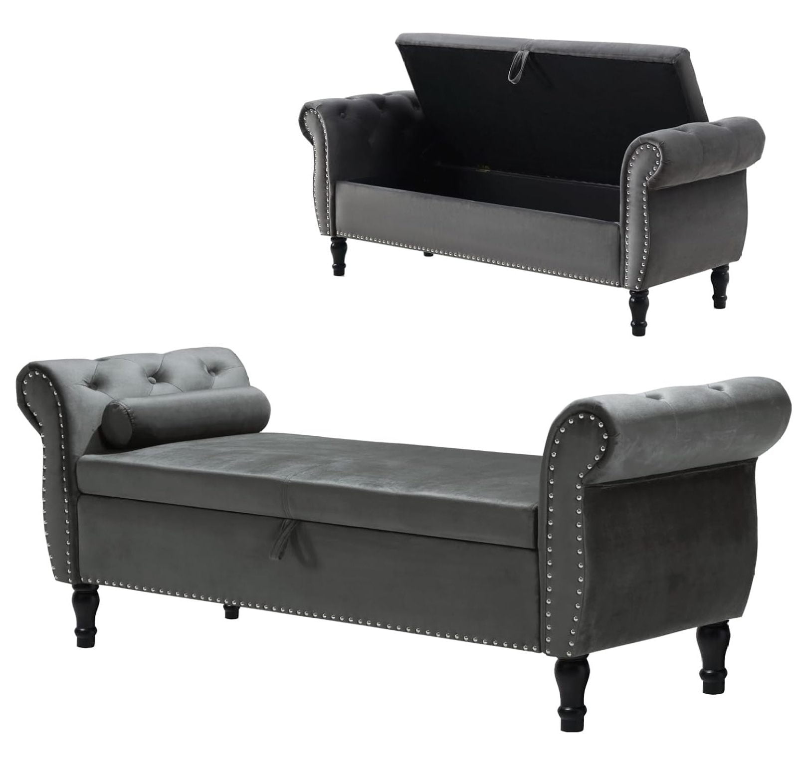 Velvet Bedroom Storage Bench End of Bed,63.2" Long Rolled Arm Bed ...