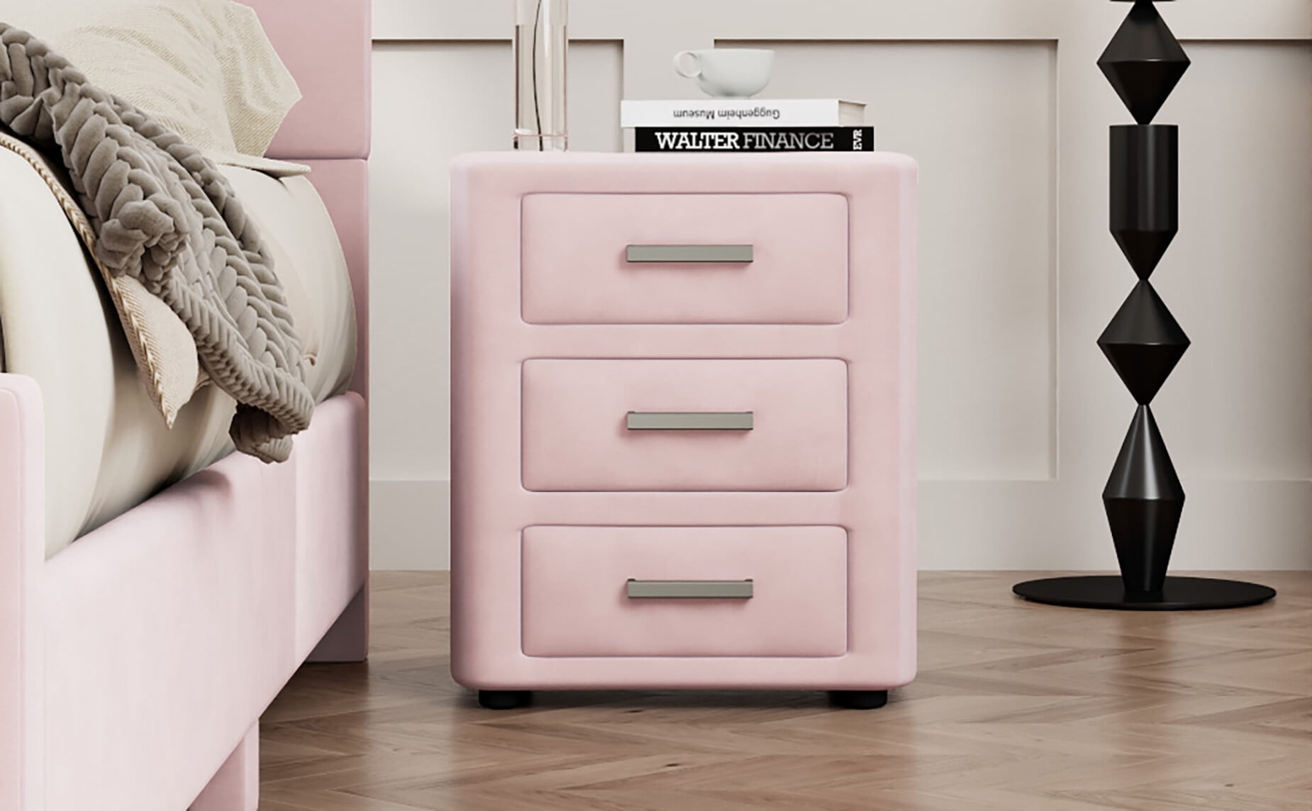 Velvet Bedside Table with 3 Drawers, Soft Pink Nightstand for Bedroom ...
