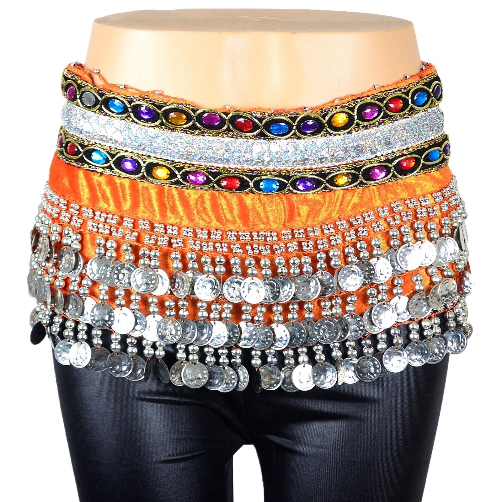 Velvet Belly Dance Hip Scarf with Silver Coins, Faux Gemstone, Sequins ...