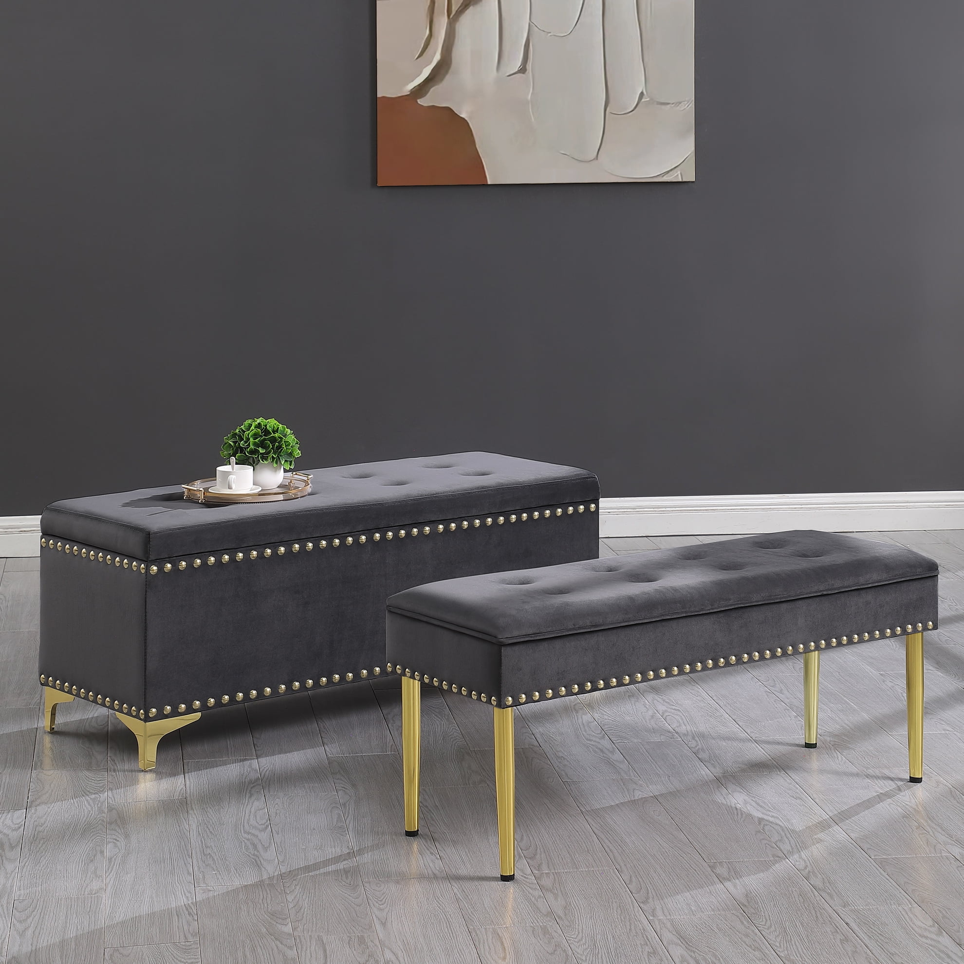 Velvet Benches With Nailhead Trim And Gold Legs, Large Storage For ...