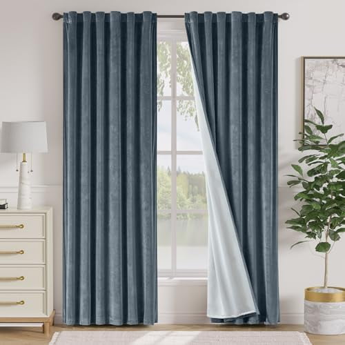 Velvet Blue Curtains 90 Inches Long Blackout Thermal Insulated Room ...