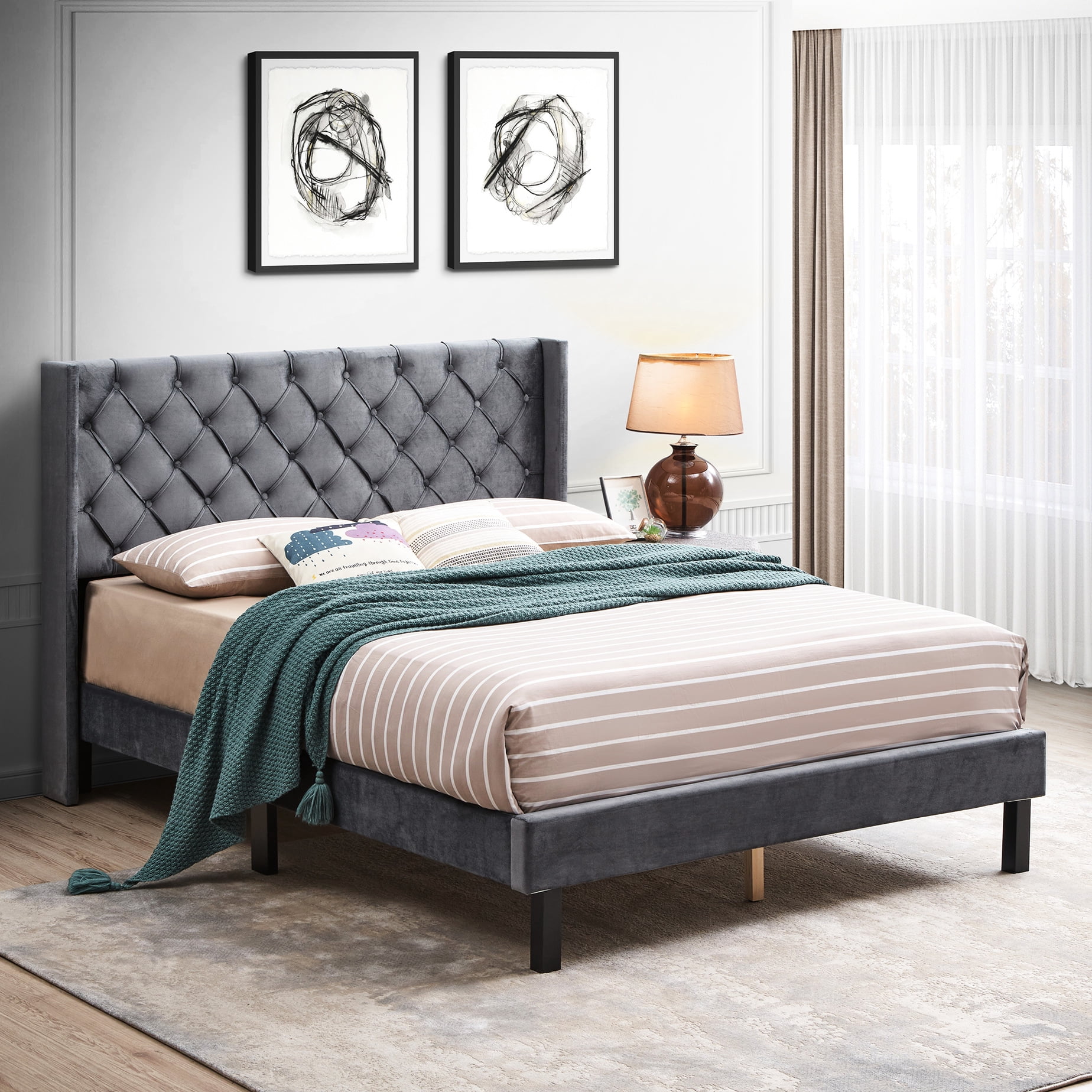 Velvet Button Queen Bed With Wings - Wood Slat Support Charcoal Gray ...