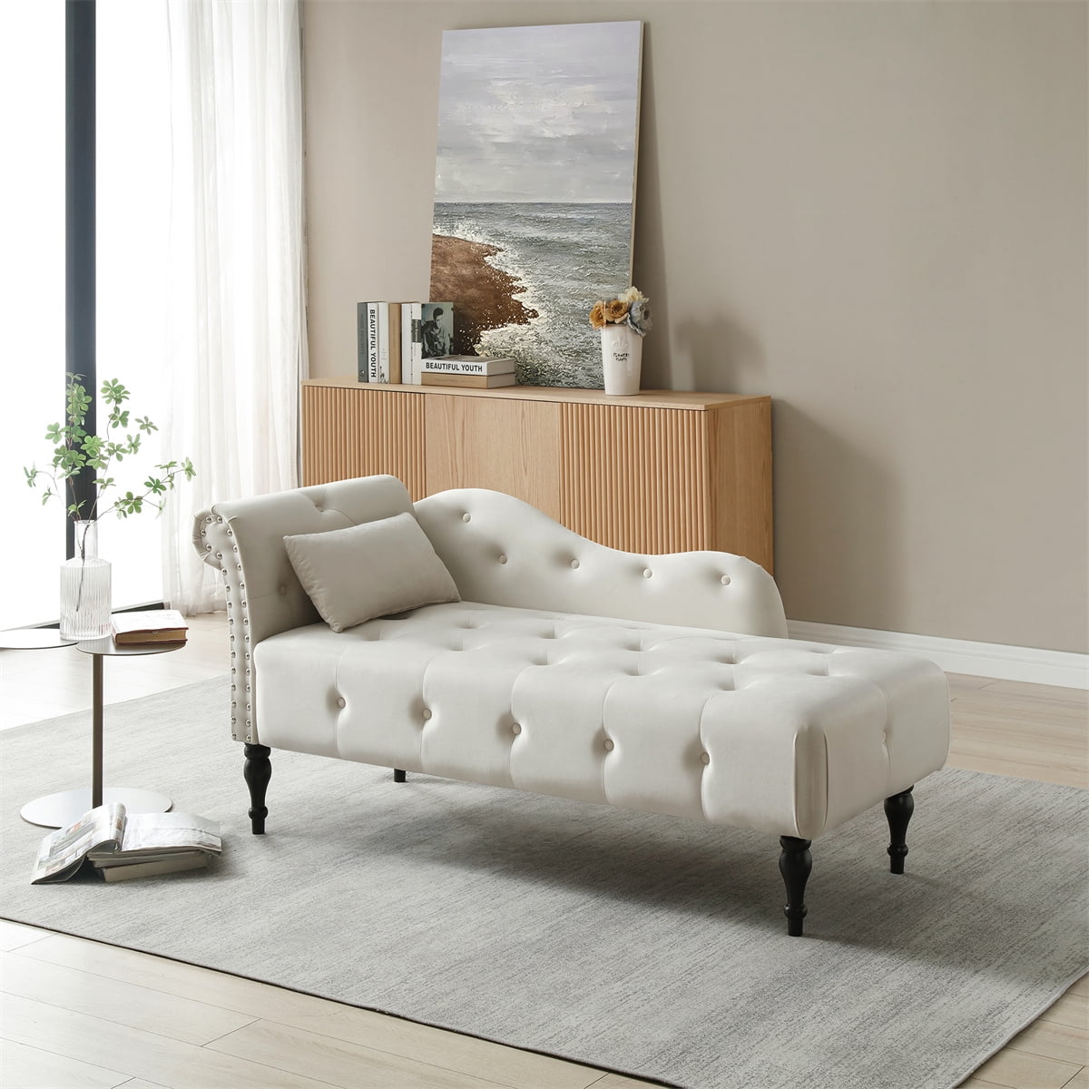 Velvet Chaise Lounge, Rolled Arm Chaise Lounges with 1 Pillow & Solid ...