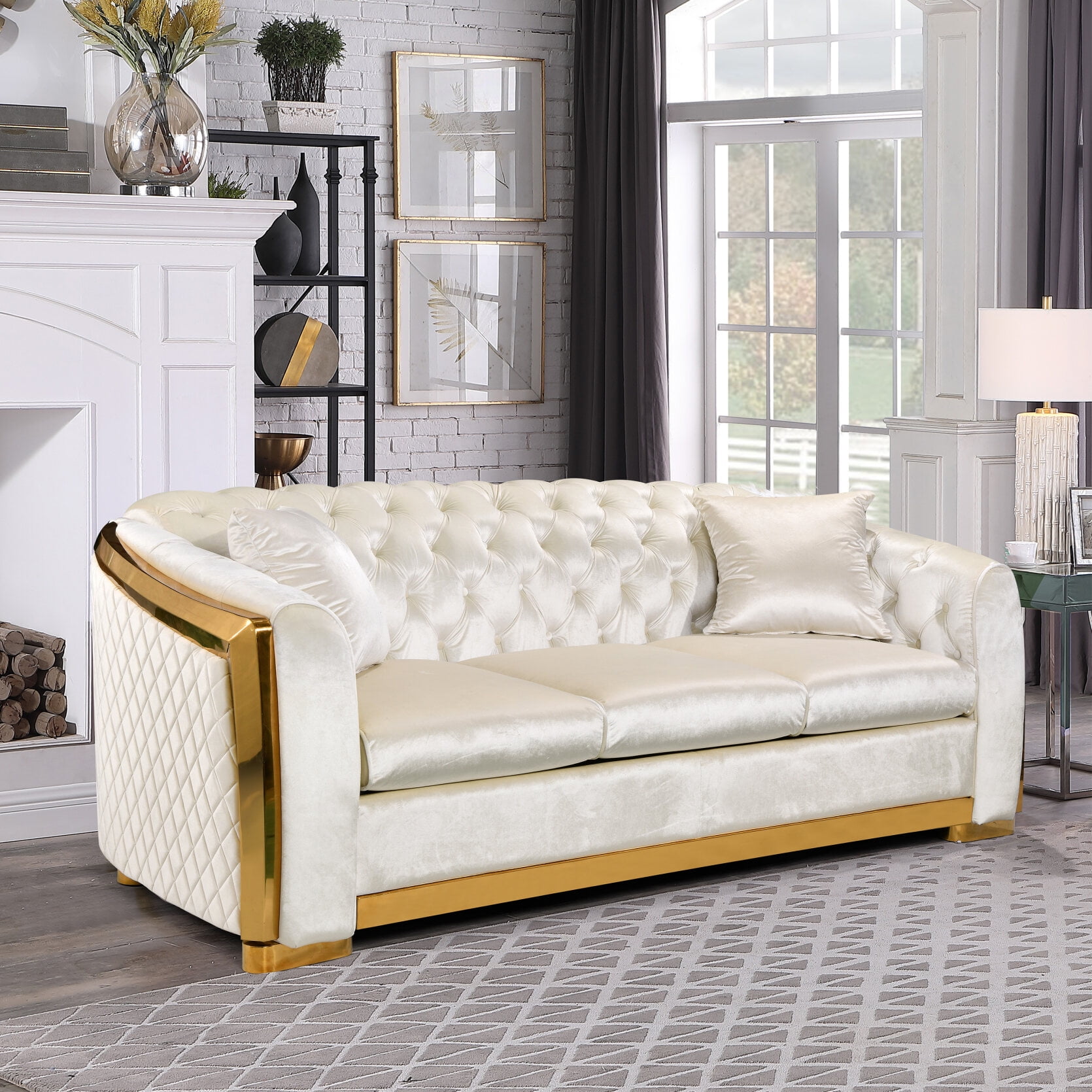 Velvet Chesterfield Sofa, 3-seat Couch with Gold Legs, Luxury Sofa ...