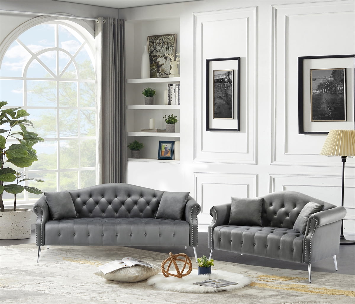 Velvet Chesterfield Sofa Set of 2 Upholstered Loveseat Sofa Button Tufted Sofa Couch with Nailhead Trimming Curved Backrest 3 2 Seat Rolled Arms Sofa with Silver Metal Legs 4 Pillows Grey Walmart