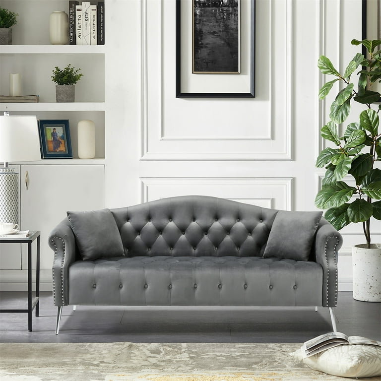 Velvet Chesterfield Sofa Upholstered Sofa Button Tufted Sofa Couch with Nailhead Trimming Curved Backrest 78.7 3 Seat Sofa Rolled Arms Chair with Silver Metal Legs 2 Pillows Grey Walmart