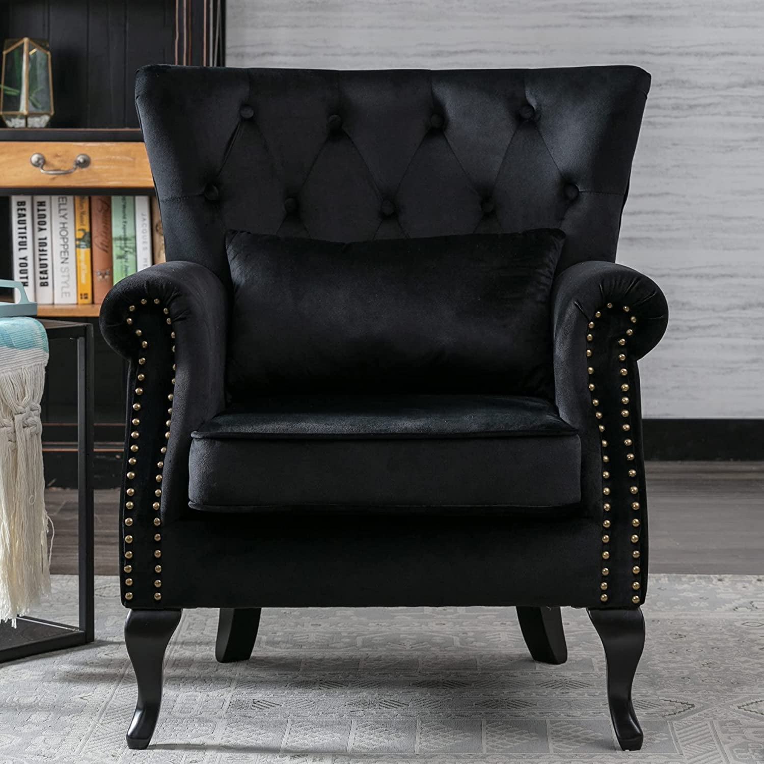 Velvet Club Chair Tufted Throne Chair Mid Century Accent Wingback Chair ...