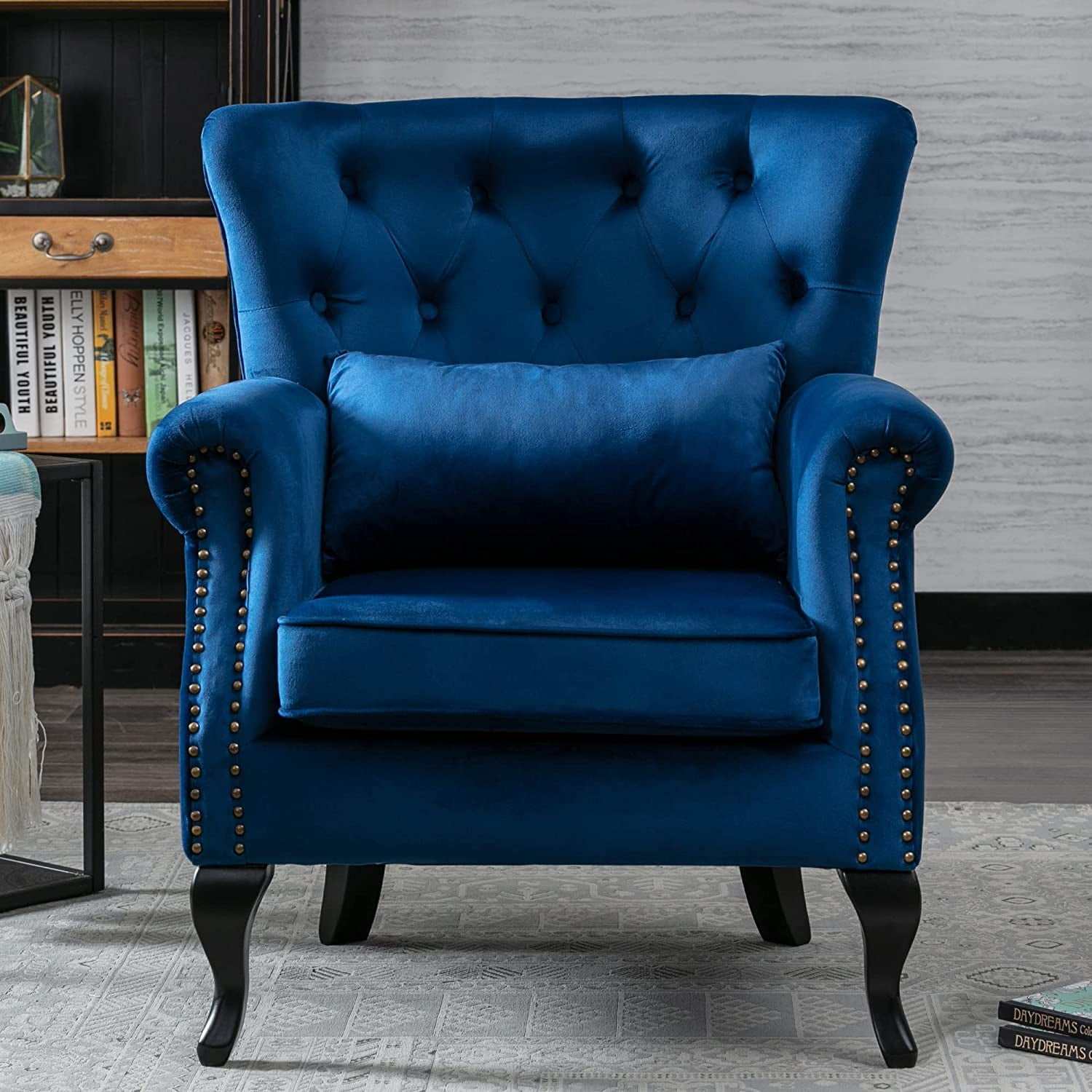 Velvet Club Chair Tufted Throne Chair Mid Century Accent Wingback Chair ...