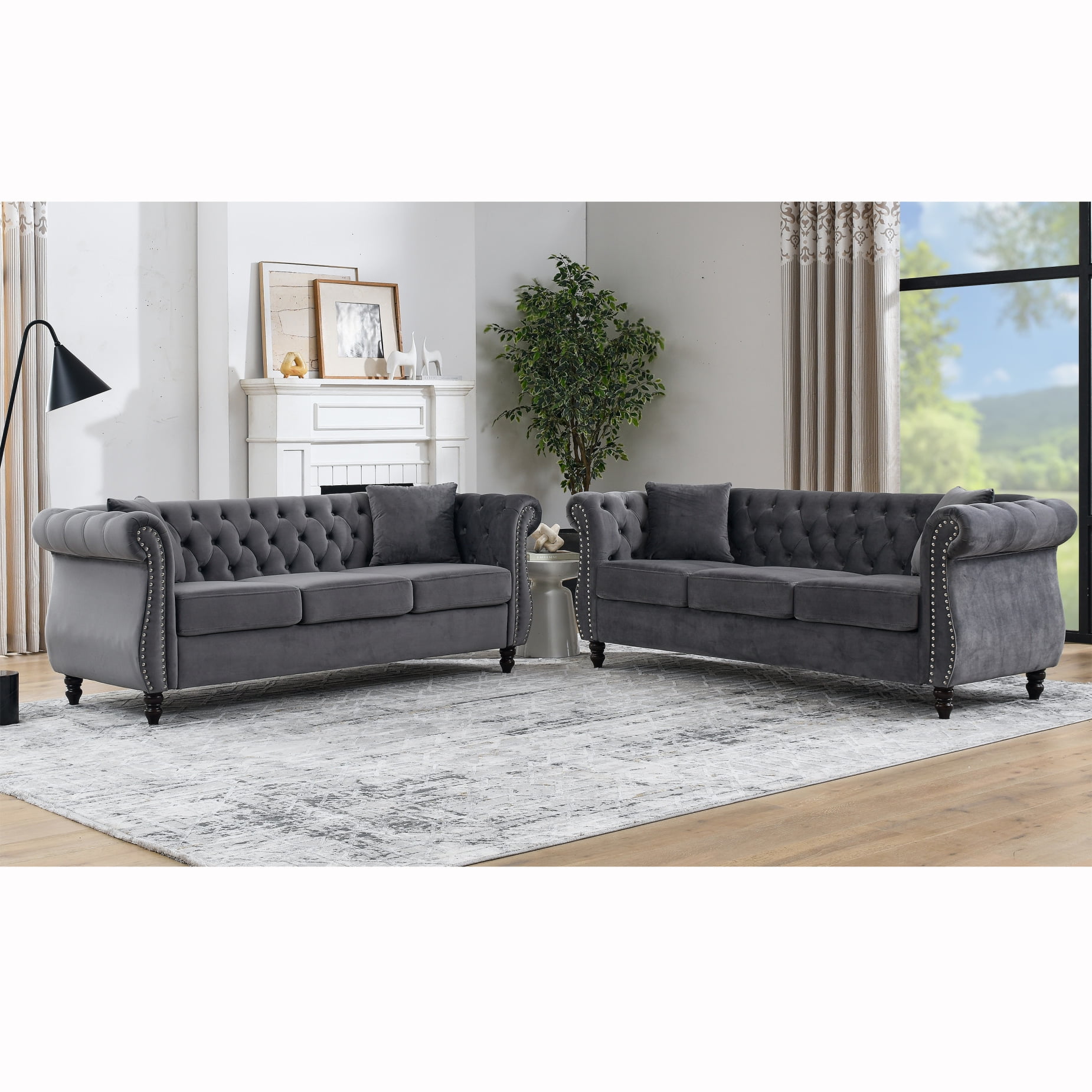 Velvet Combination Sofa with Rolled Arms and Nailhead, 3 Seater + 3 Seater Tufted Couch with 4 ...