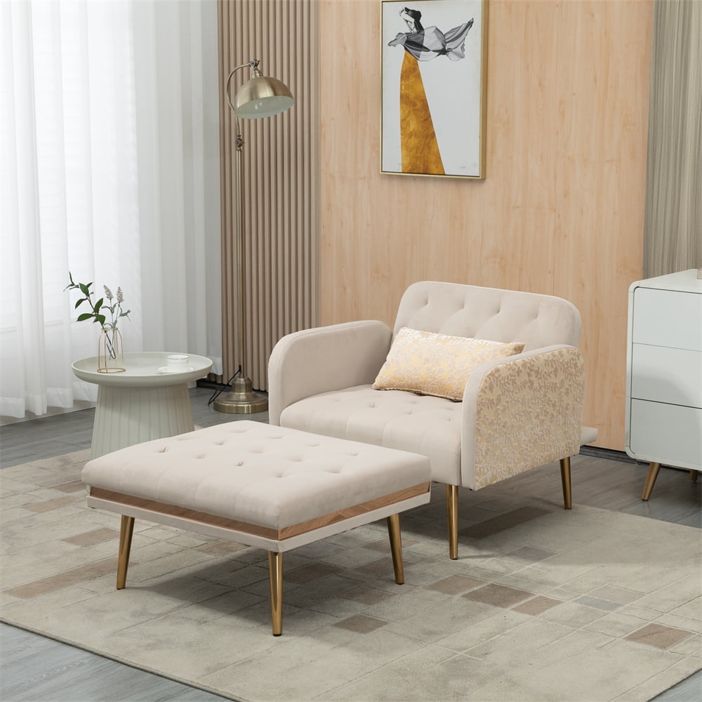 Velvet Convertible Accent Chair with Ottoman and Pillow, Button-Tufted ...