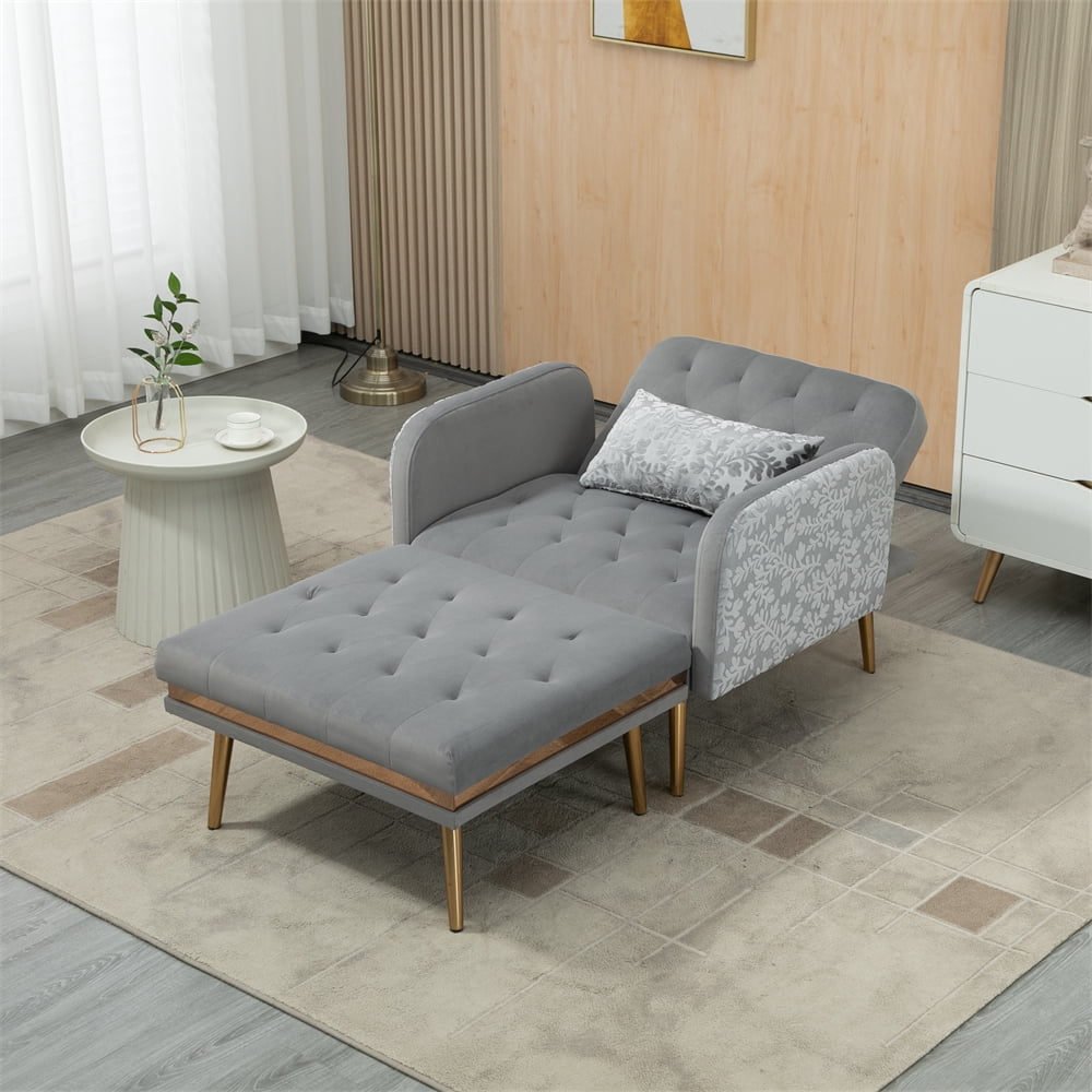 Velvet Convertible Accent Chair with Ottoman and Pillow, Button-Tufted ...
