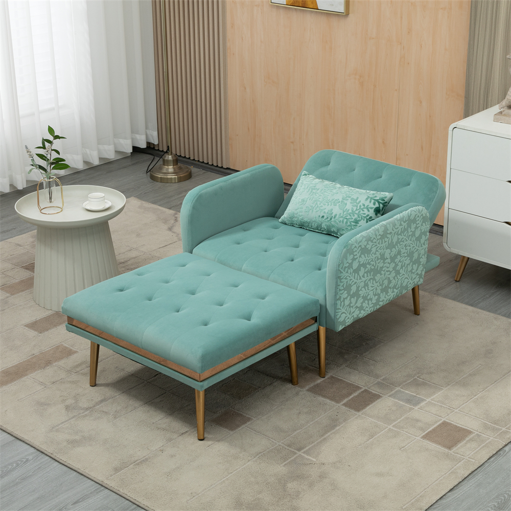 Velvet Convertible Accent Chair with Ottoman and Pillow, Button-Tufted ...