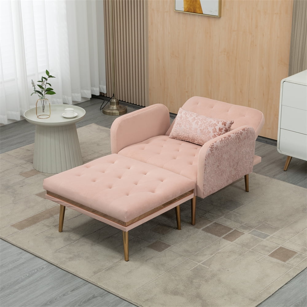 Velvet Convertible Accent Chair with Ottoman and Pillow, Button-Tufted ...