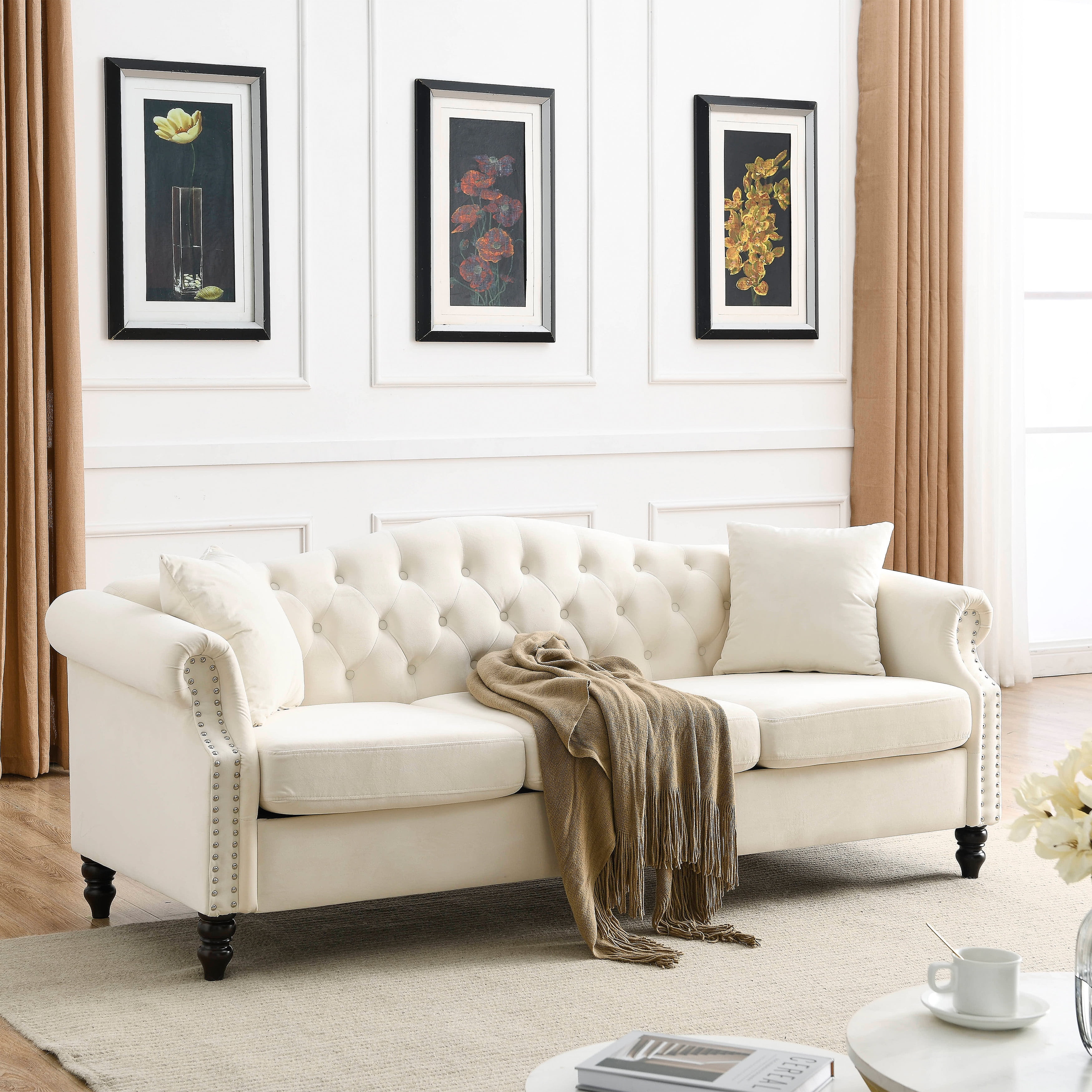 ARCTIC SCORPION Chesterfield Velvet Sofa, 3-Seater, Rolled Arms, Rivets ...