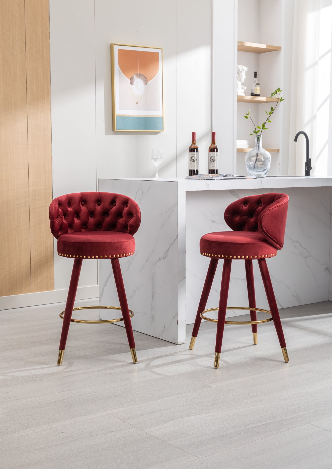 Velvet Counter Height Bar Stools Set of 2, 360 Degree Swivel Counter ...