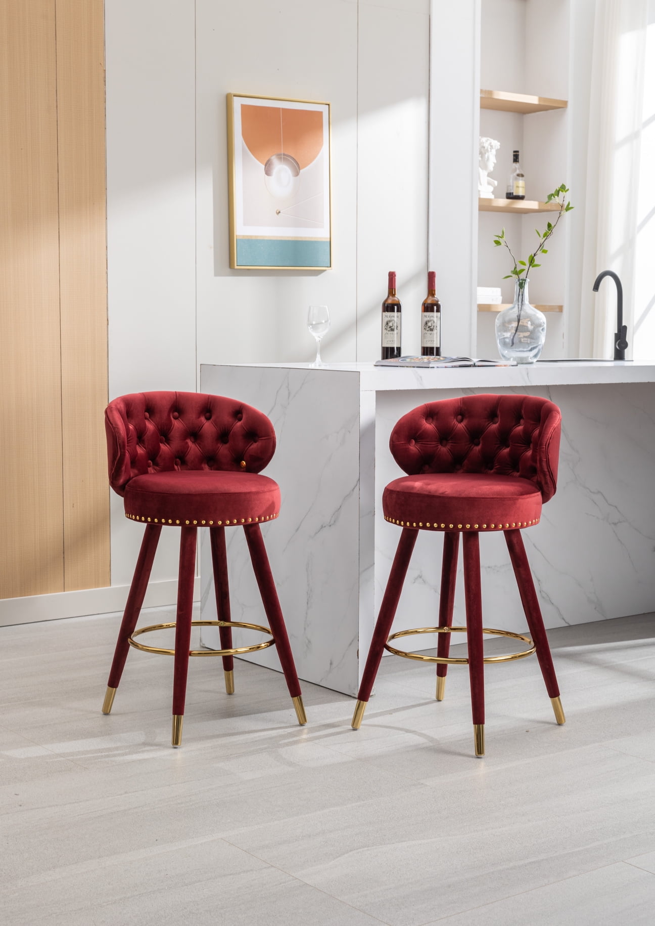 Velvet Counter Height Bar Stools Set of 2, Swivel Counter Height Bar ...
